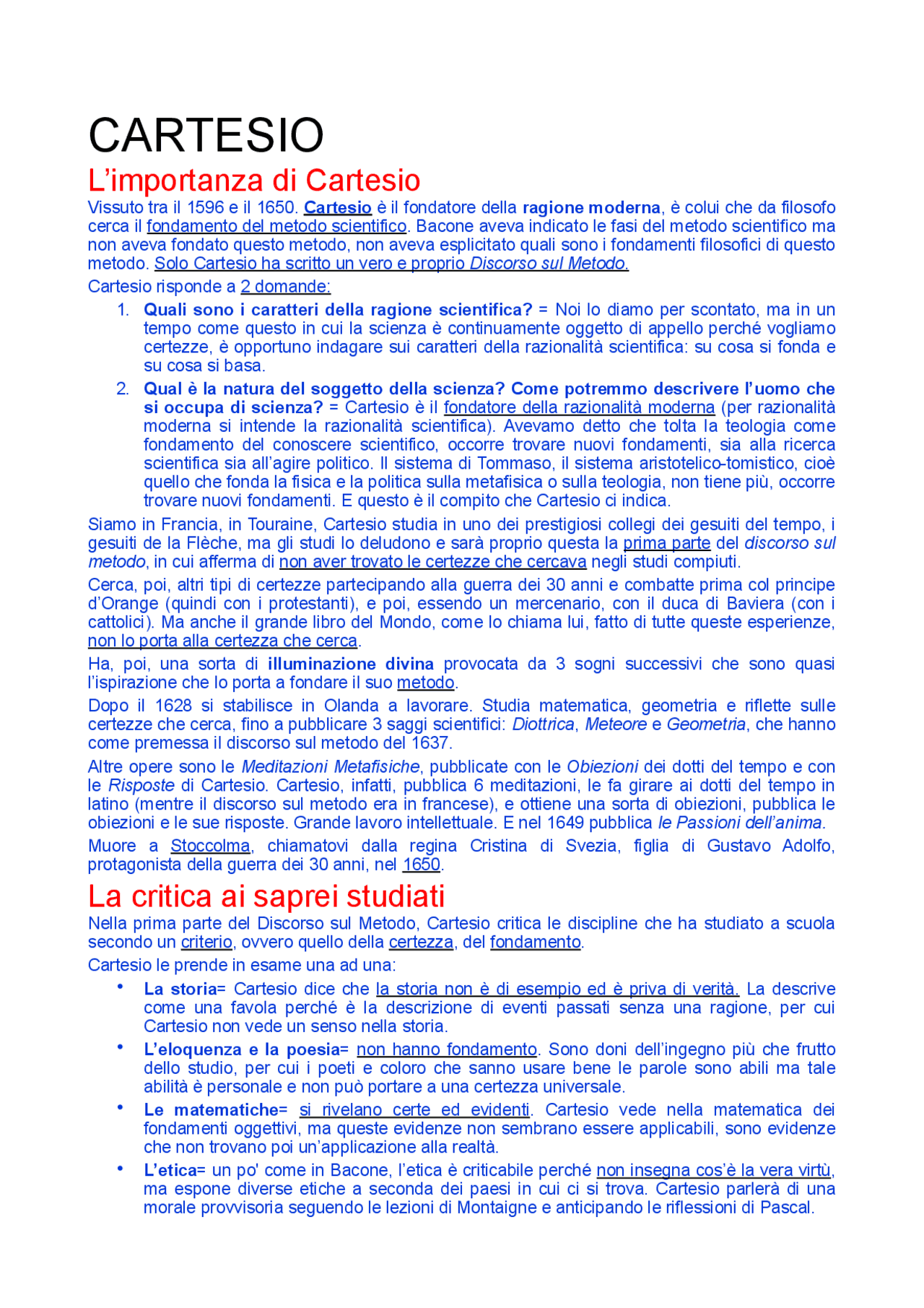 Descartes Cartesio Appunti Sul Discorso Sul Metodo Appunti Di