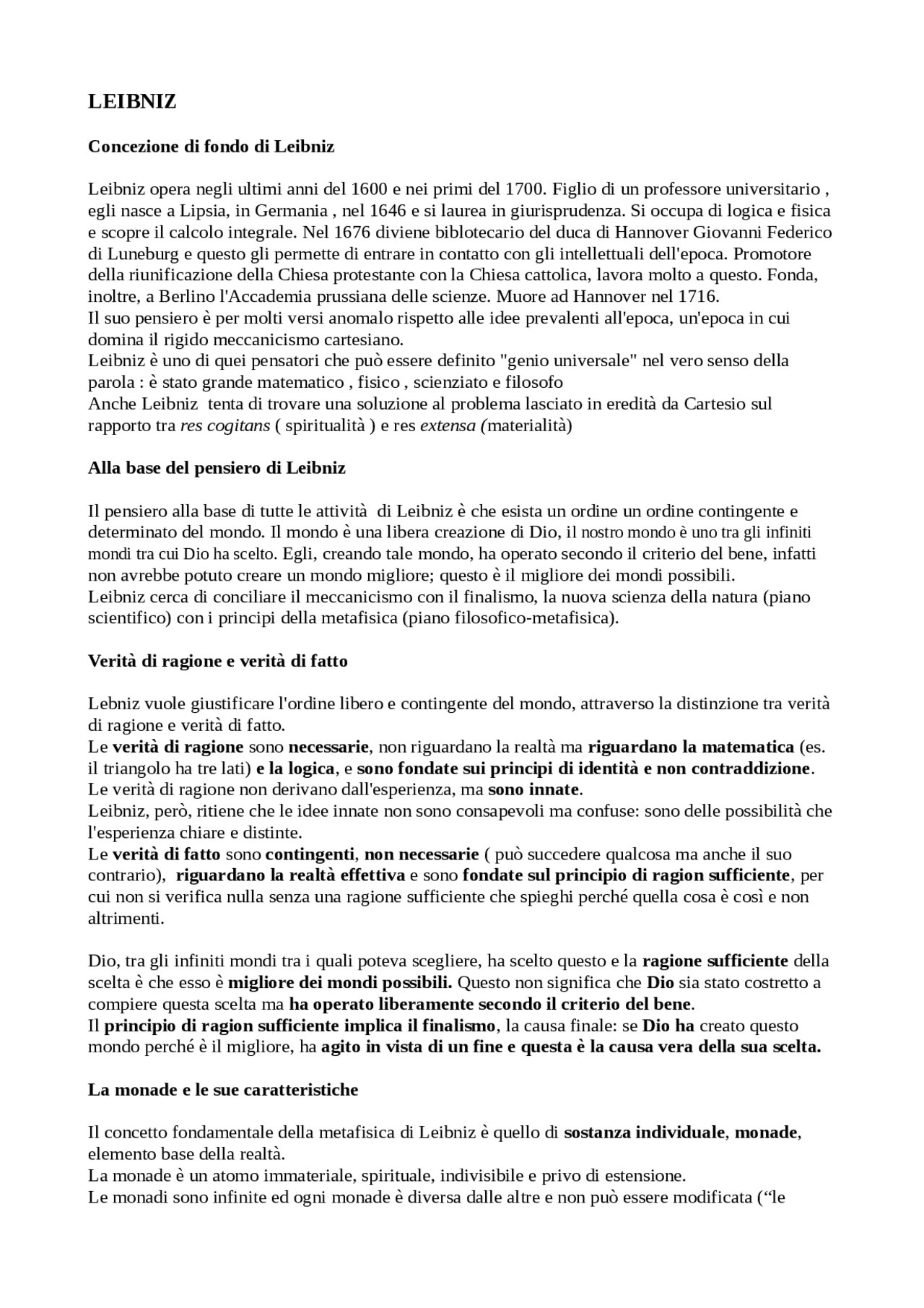 Leibniz e il suo pensiero - Docsity