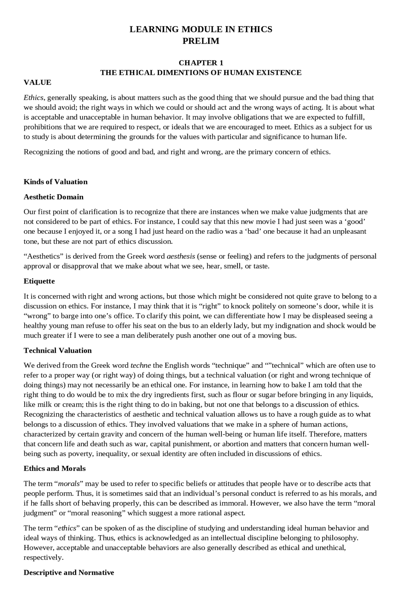 LEARNING MODULE IN ETHICS PRELIM CHAPTER 1 THE ETHICAL DIMENTIONS OF ...