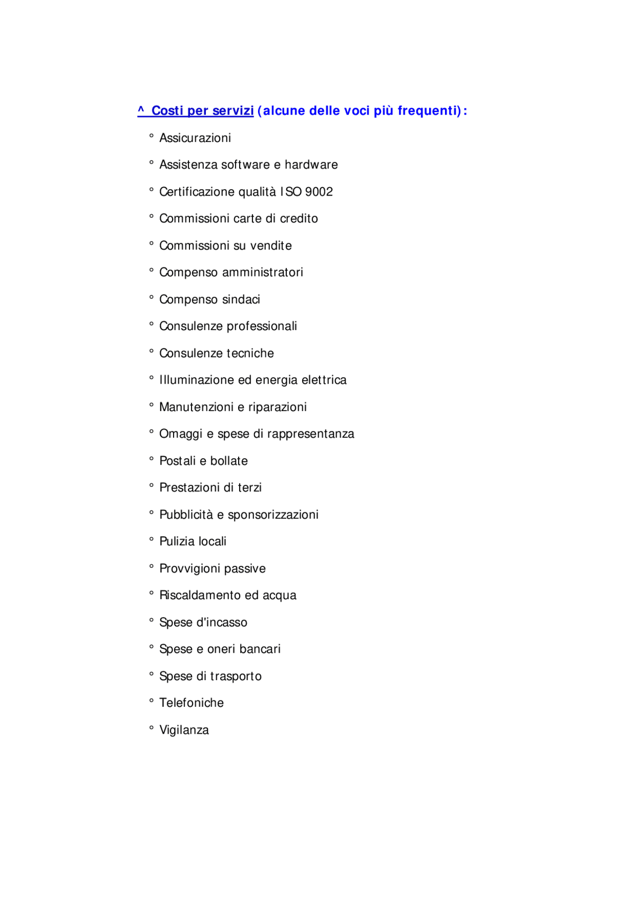 Alcuni Costi Per Servizi Docsity