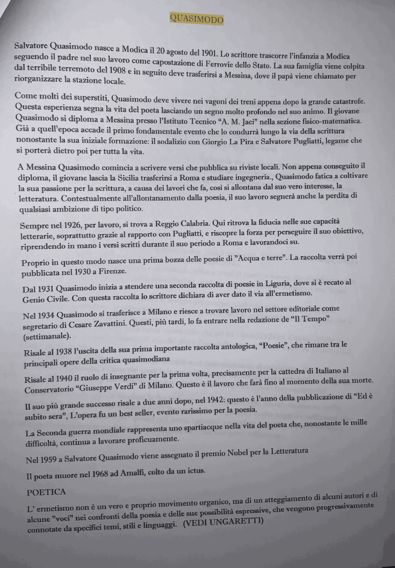 Vita E Opere Di Salvatore Quasimodo Docsity