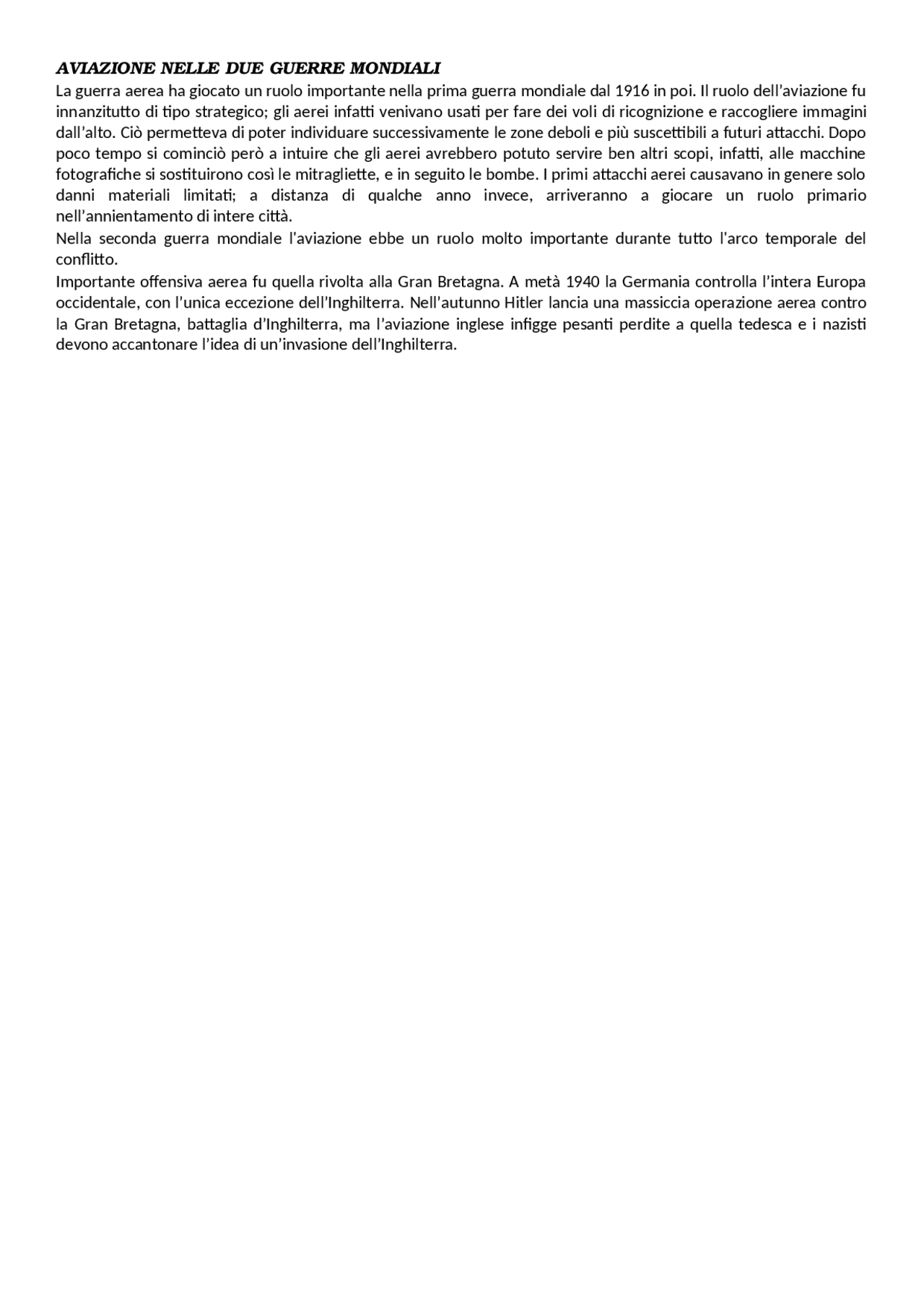 Aviazione Nelle Due Guerre Mondiali Appunti Di Storia Docsity