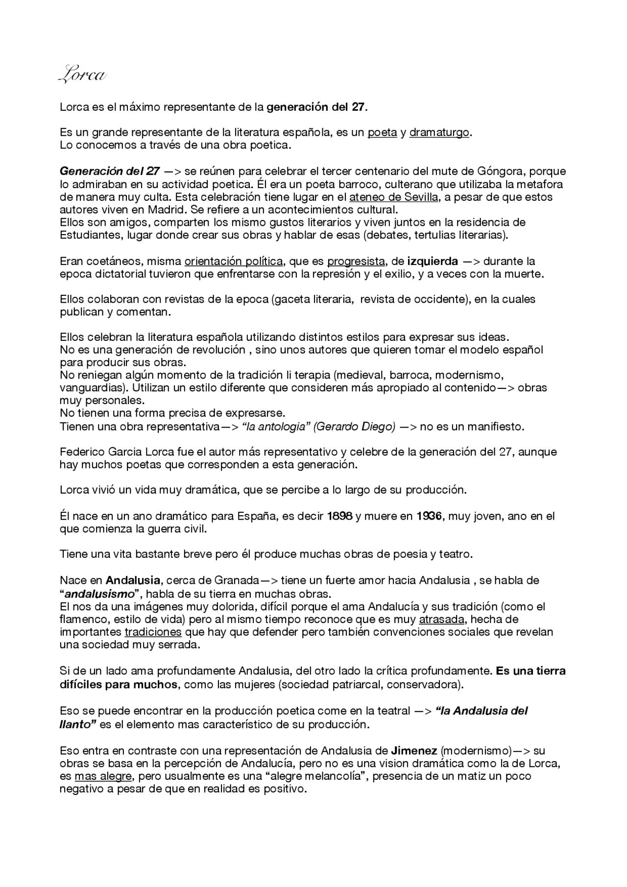 Spiegazione opere di Lorca - Docsity