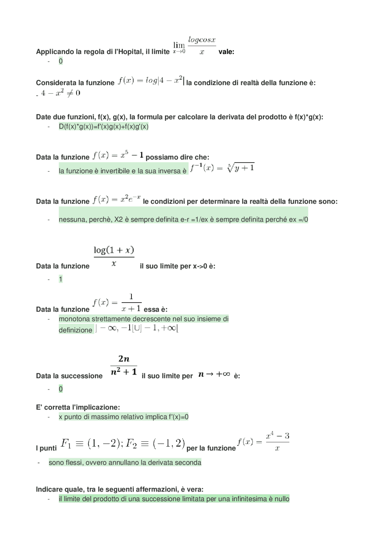 Paniere Esame Analisi Matematica 2021 Docsity