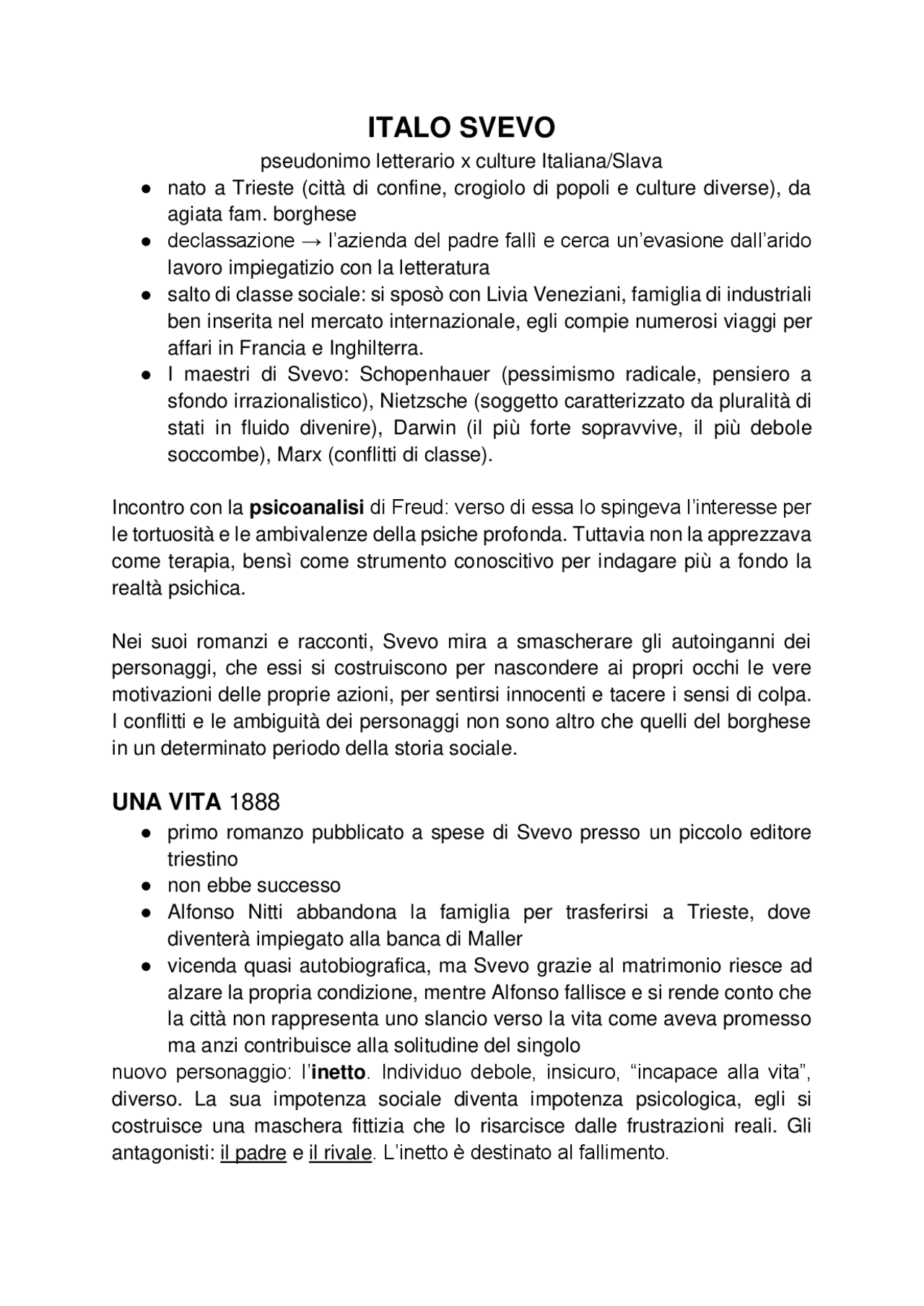 ITALO SVEVO - VITA E OPERE - Docsity