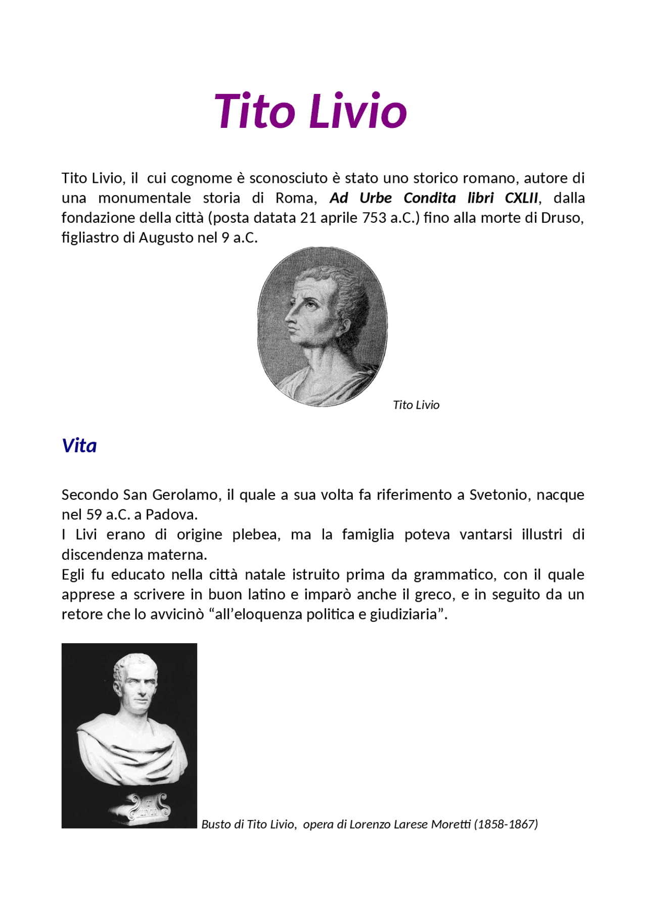 Vita e opere di Tito Livio - Docsity