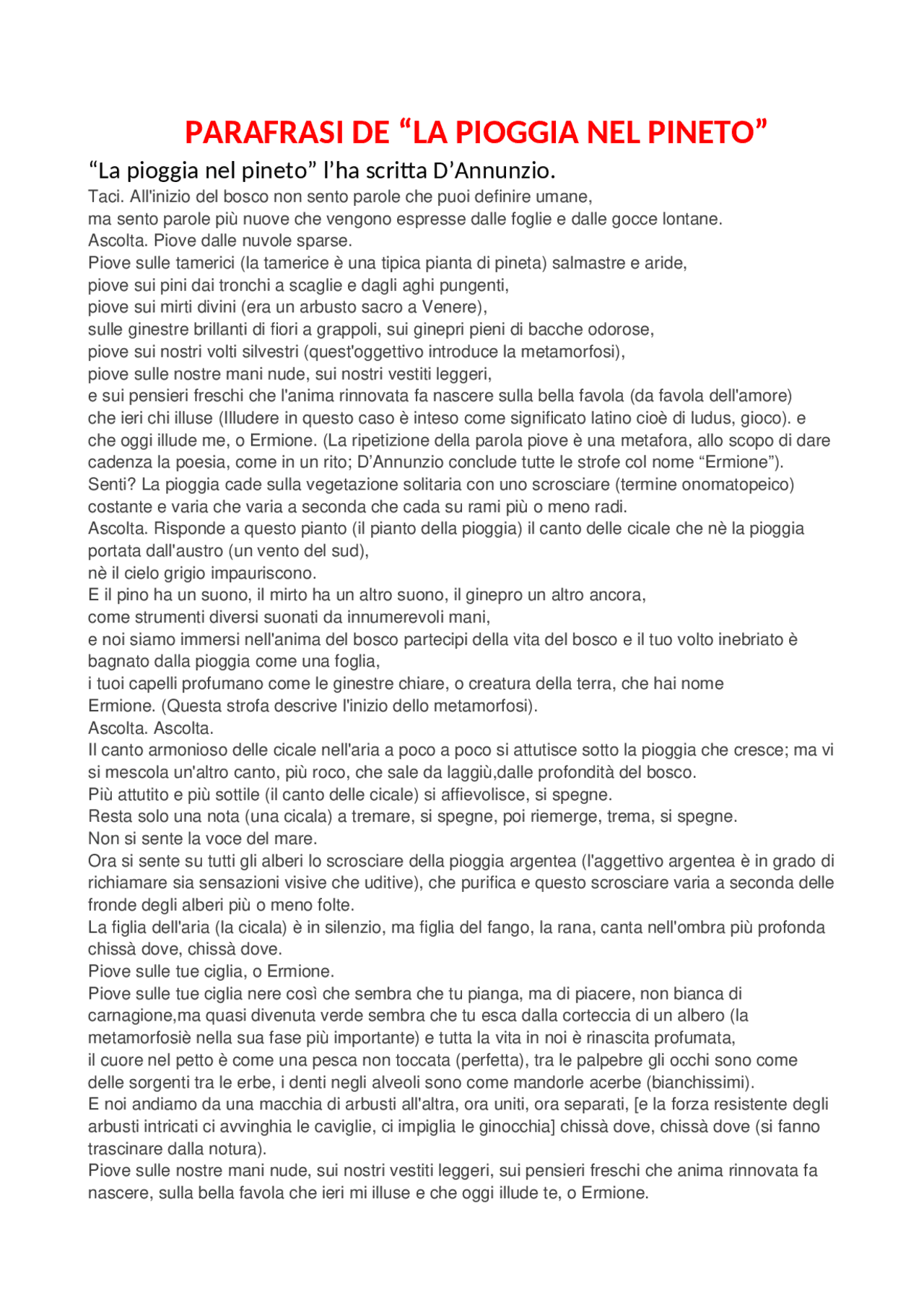 La Pioggia Nel Pineto Docsity