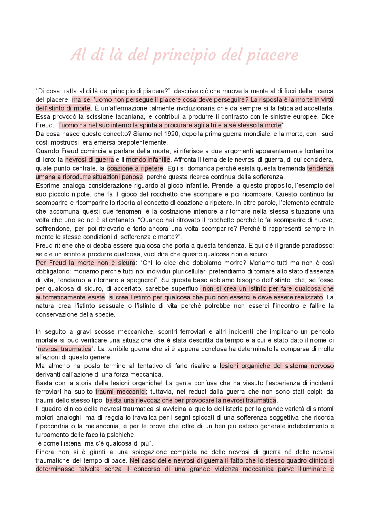 Al Di Là Del Principio Del Piacere Freud Docsity