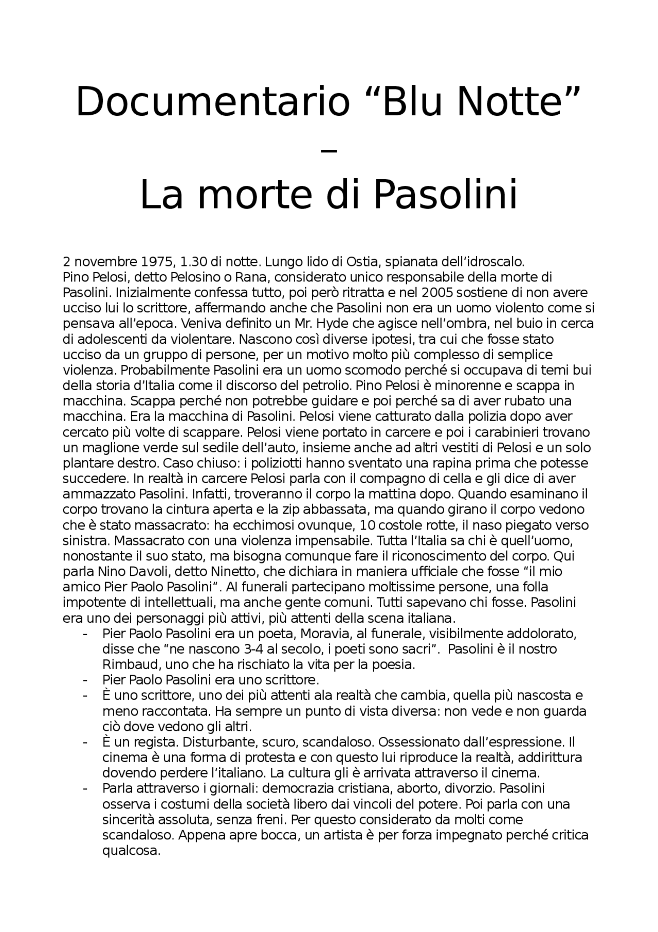 Appunti sulla morte di Pasolini, tratti dal documentario "Blu Notte" - Docsity