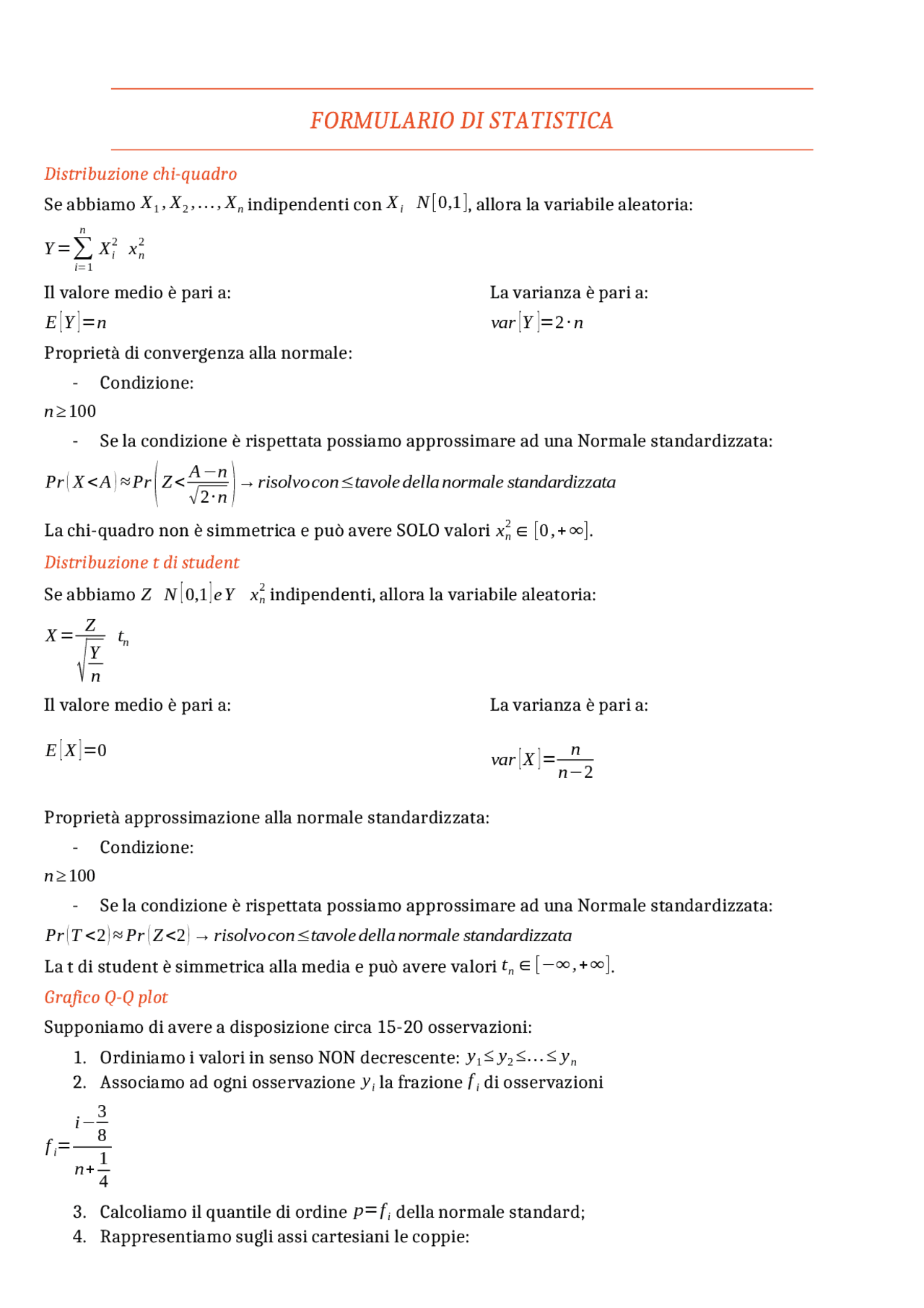 Formulario Statistica Modulo 2 Docsity