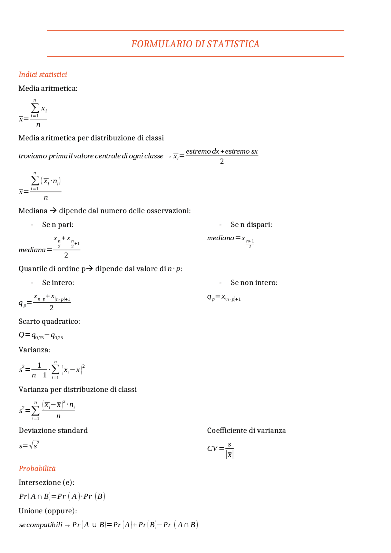 Formulario Statistica Modulo 1 Docsity