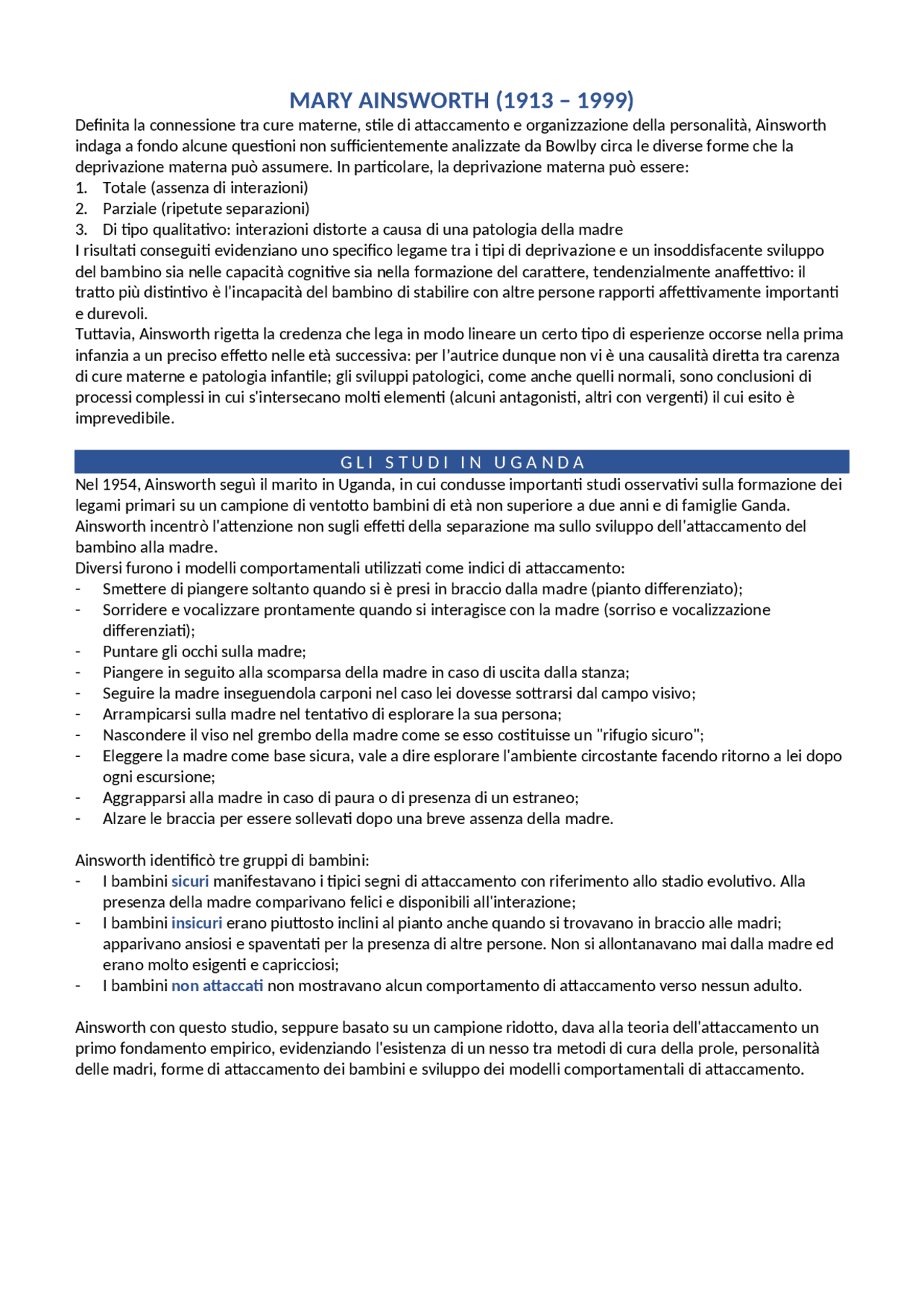 Riassunti E Appunti Ainsworth Docsity