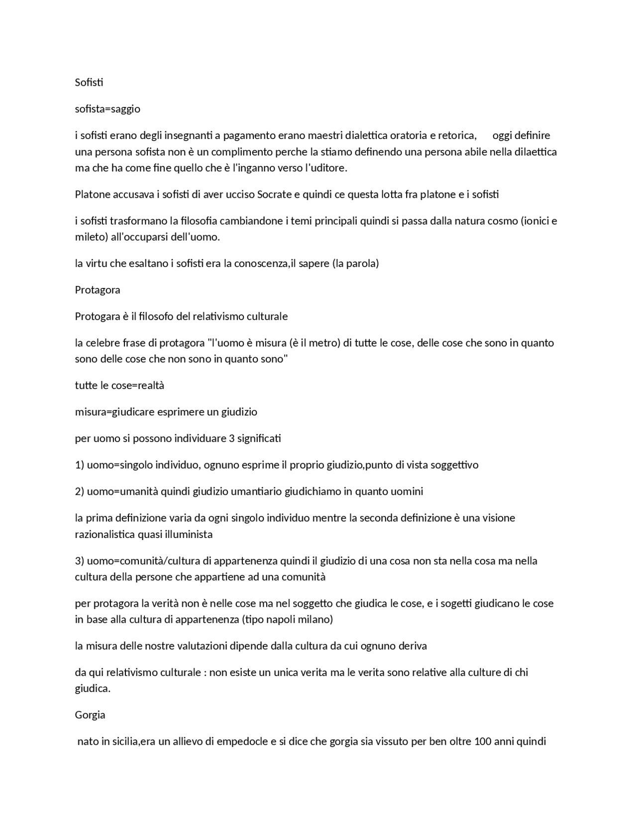 Appunti su Gorgia e Protagora ed in generale dei sofisti | Appunti di Filosofia | Docsity