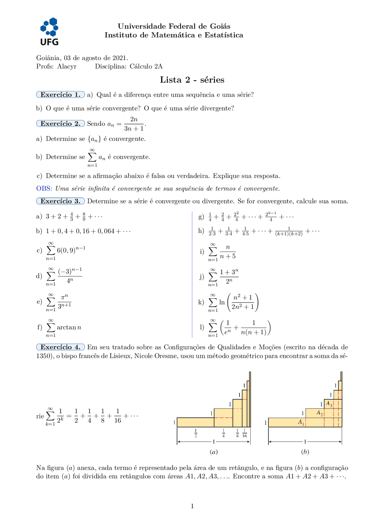 Lista De Exercícios Sobre Séries Cálculo 3 Prof Alacyr Docsity