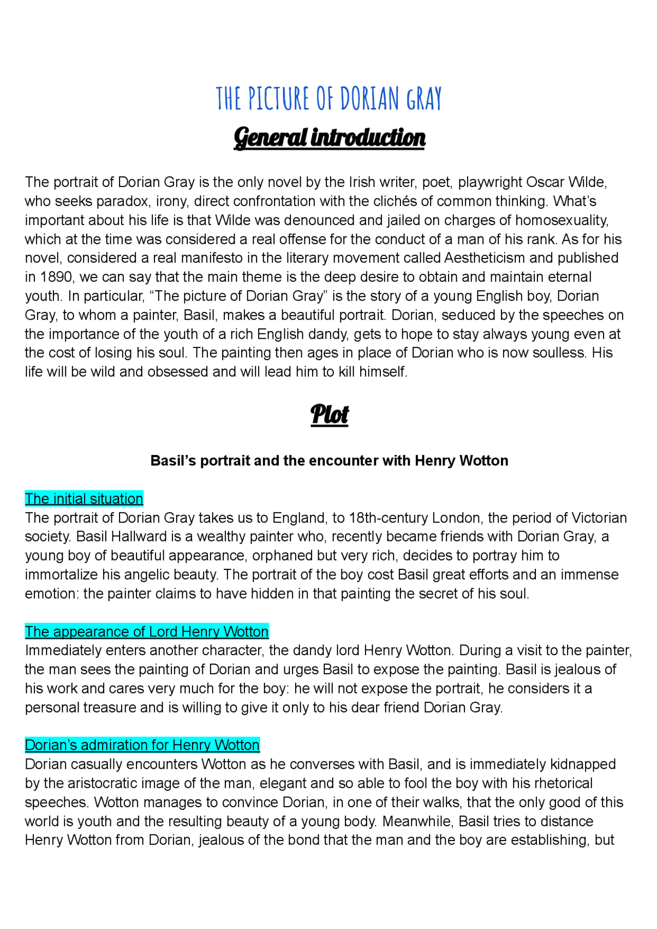 Summary The Picture Of Dorian Gray Docsity