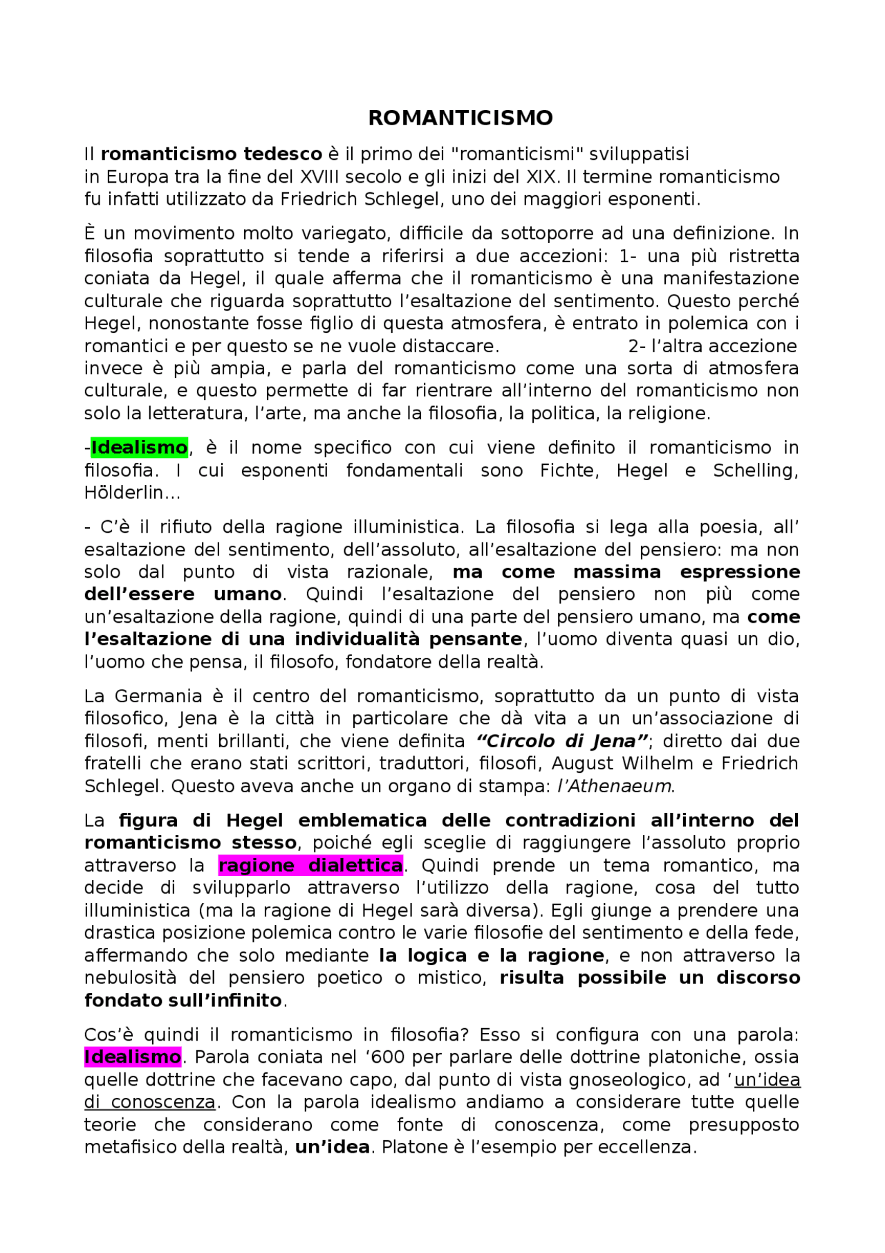 Hegel ed il romanticismo - Docsity