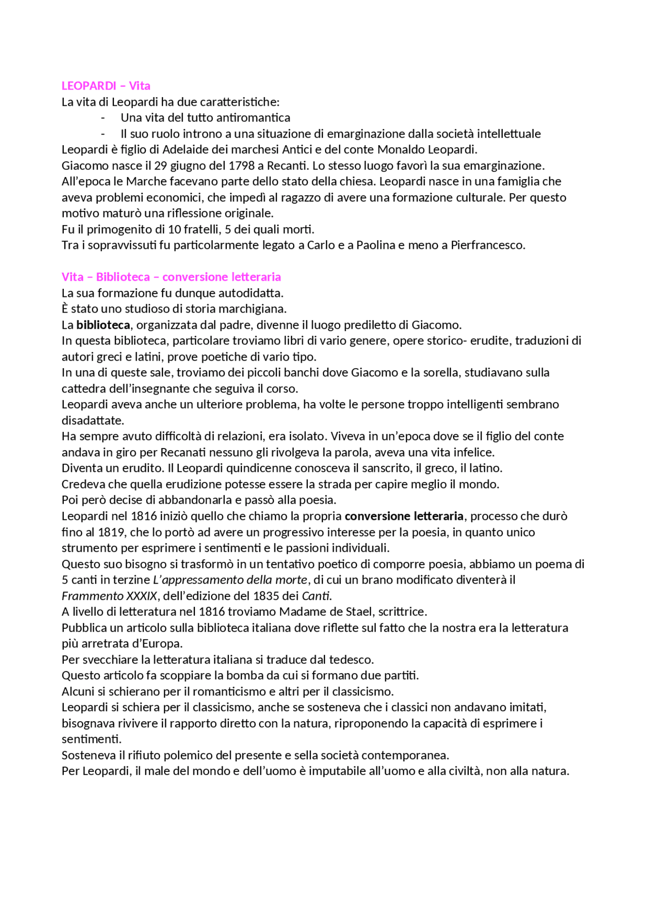 Appunti Giacomo Leopardi Docsity