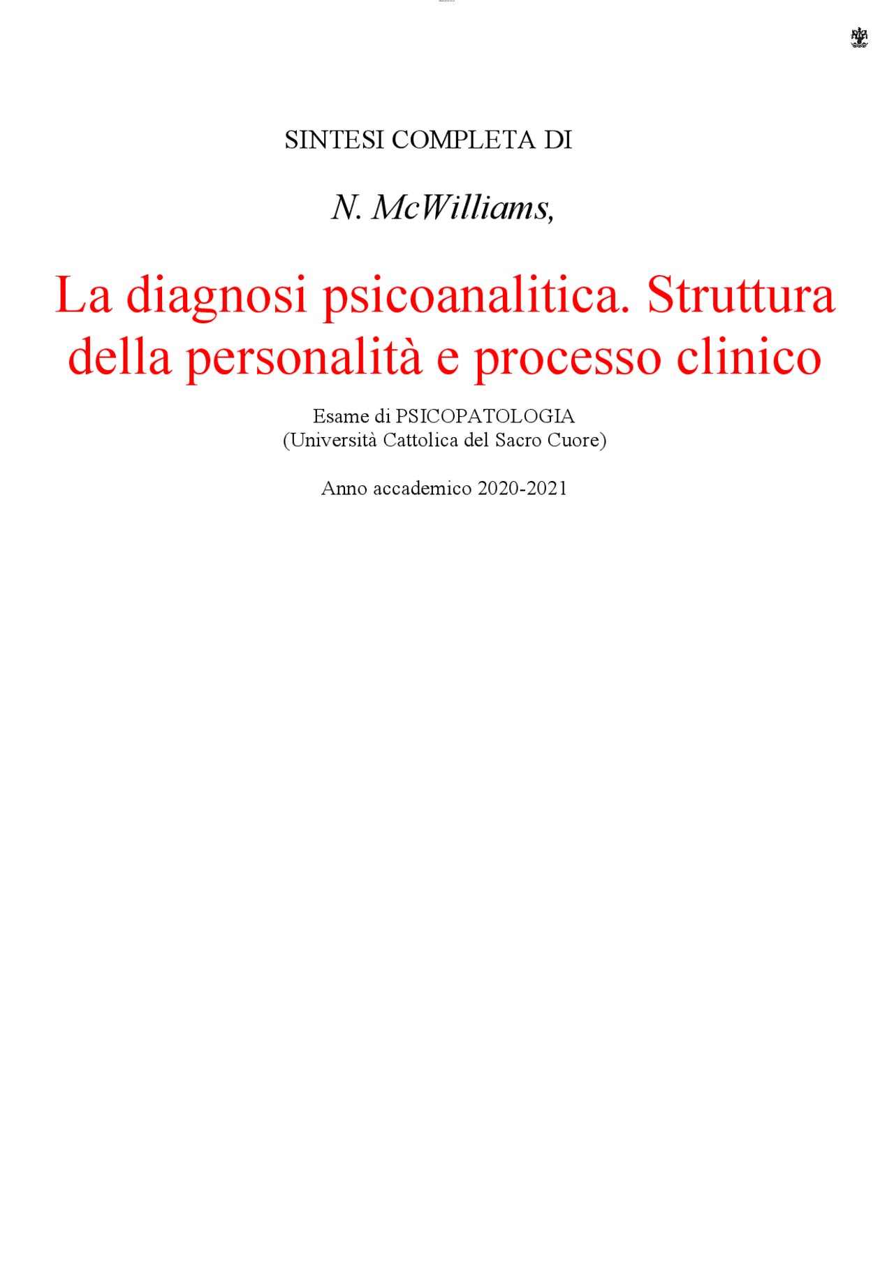 N Mcwilliams La Diagnosi Psicoanalitica Docsity