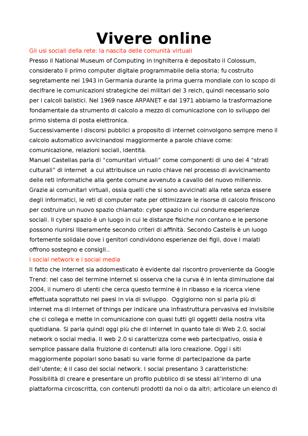 Riassunto Del Libro Vivere Online Docsity