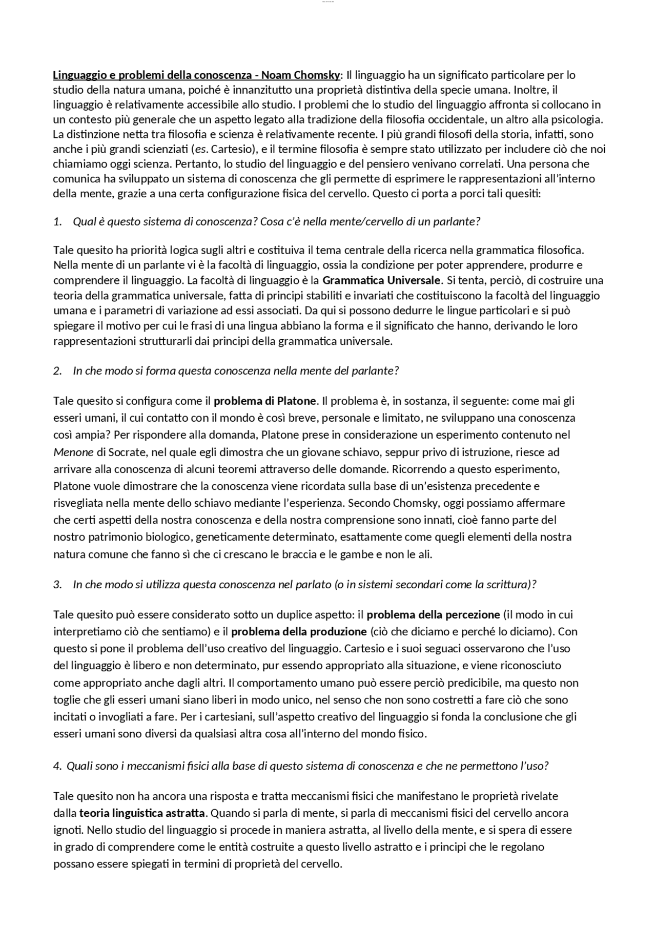 Linguaggio E Problemi Della Conoscenza Noam Chomsky Docsity