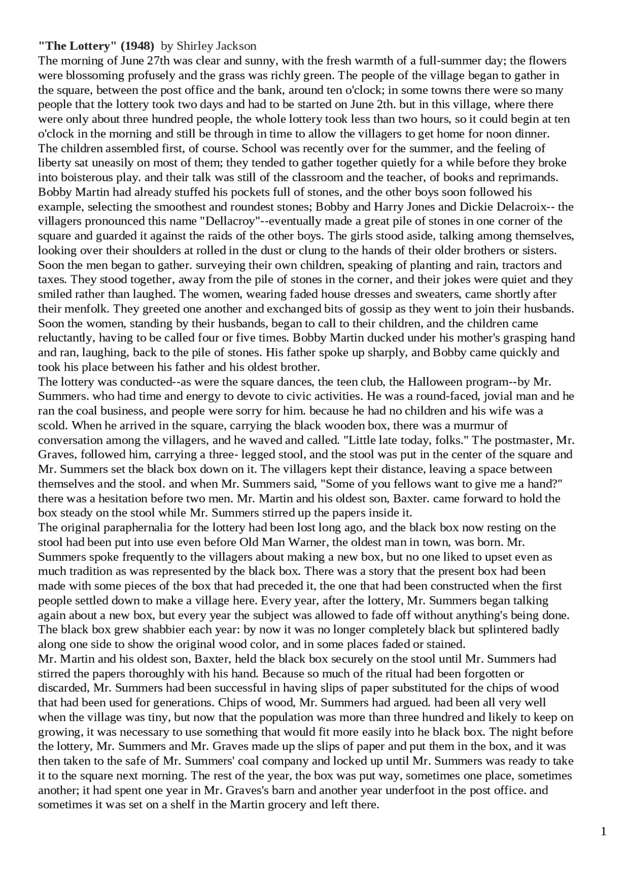 The lottery, short story of Shirley Jackson - Docsity