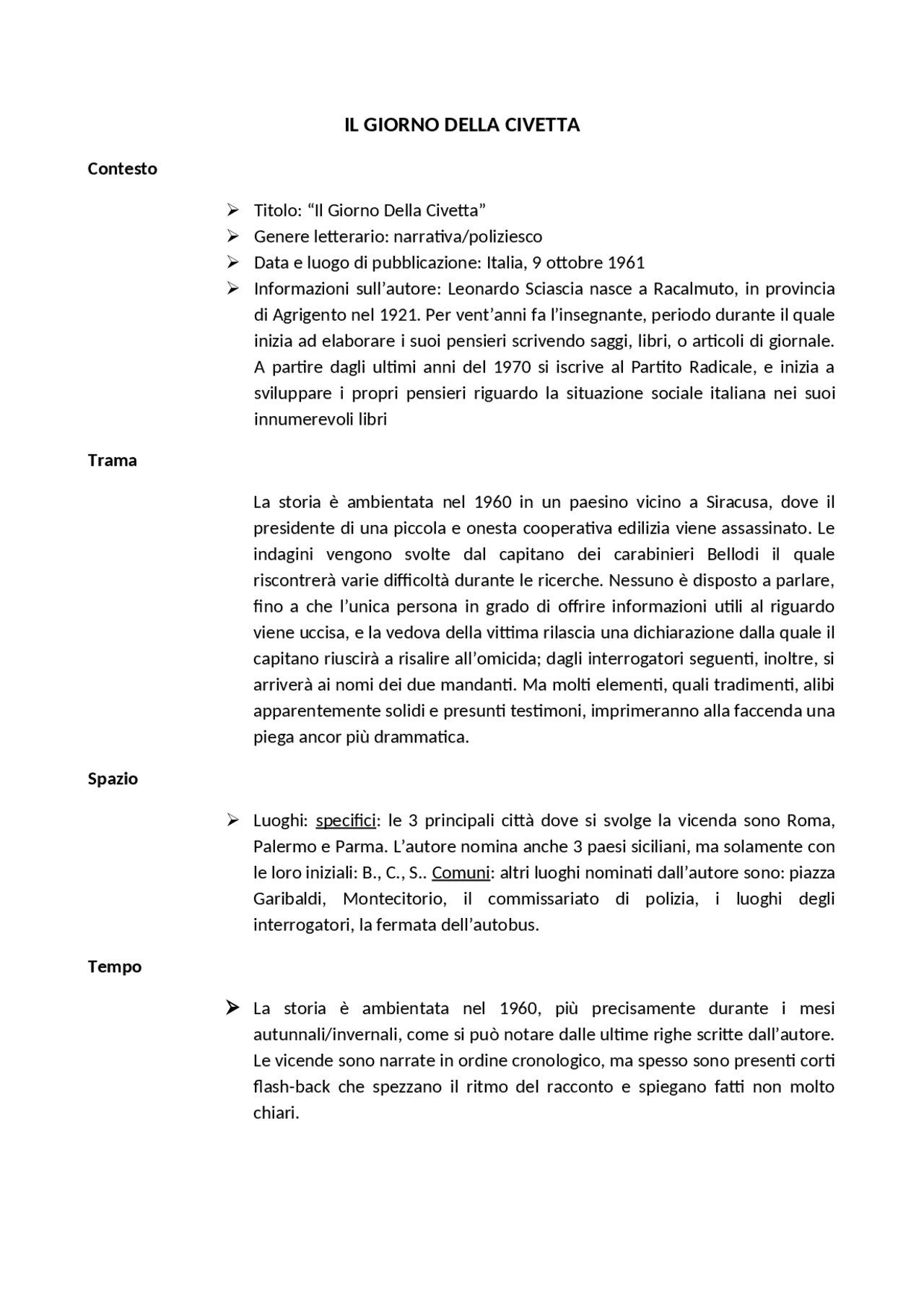 IL GIORNO DELLA CIVETTA - analisi del libro - Docsity