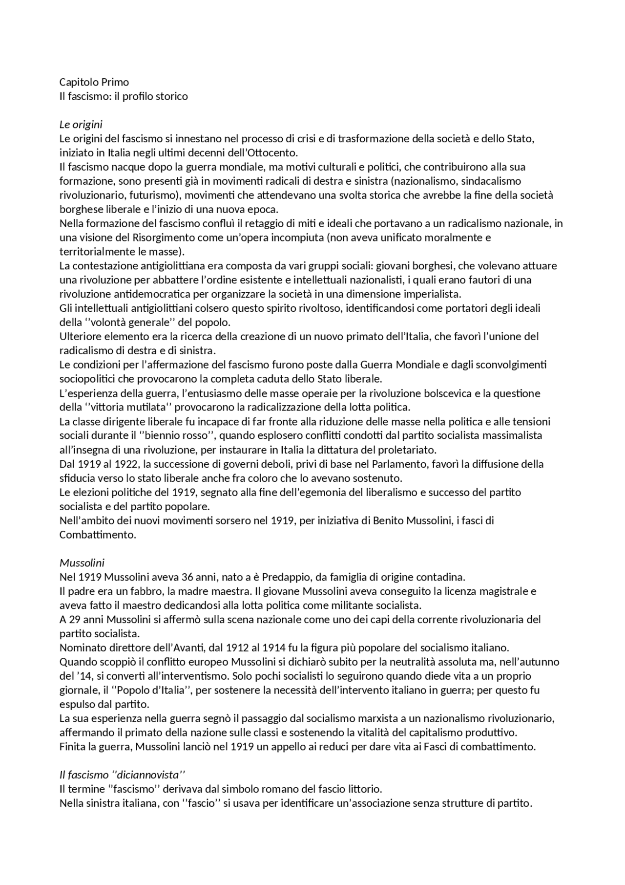 Riassunto Fascismo Storia E Interpretazione Docsity
