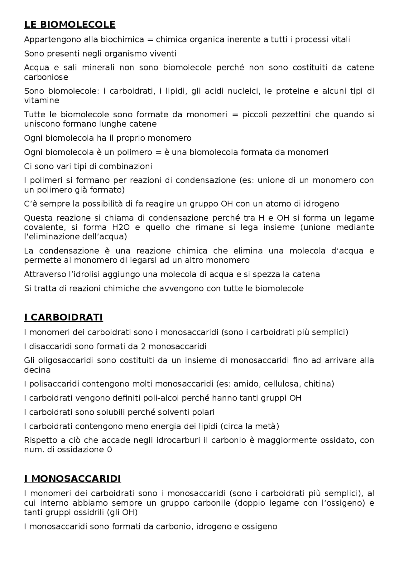 Schema Molto Sintetico Su Biomolecole E Carboidrati Docsity