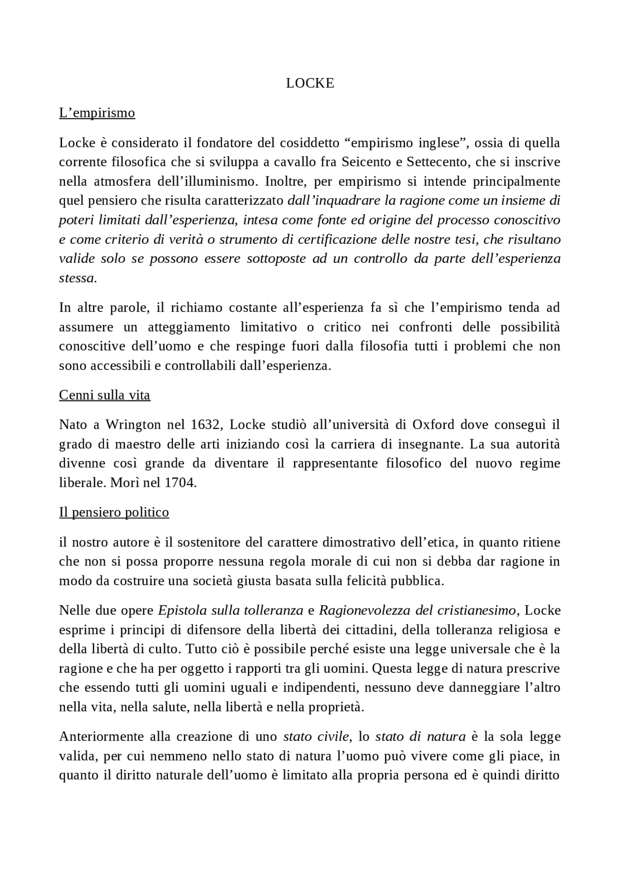 Riassunto Sul Pensiero Di Locke Docsity