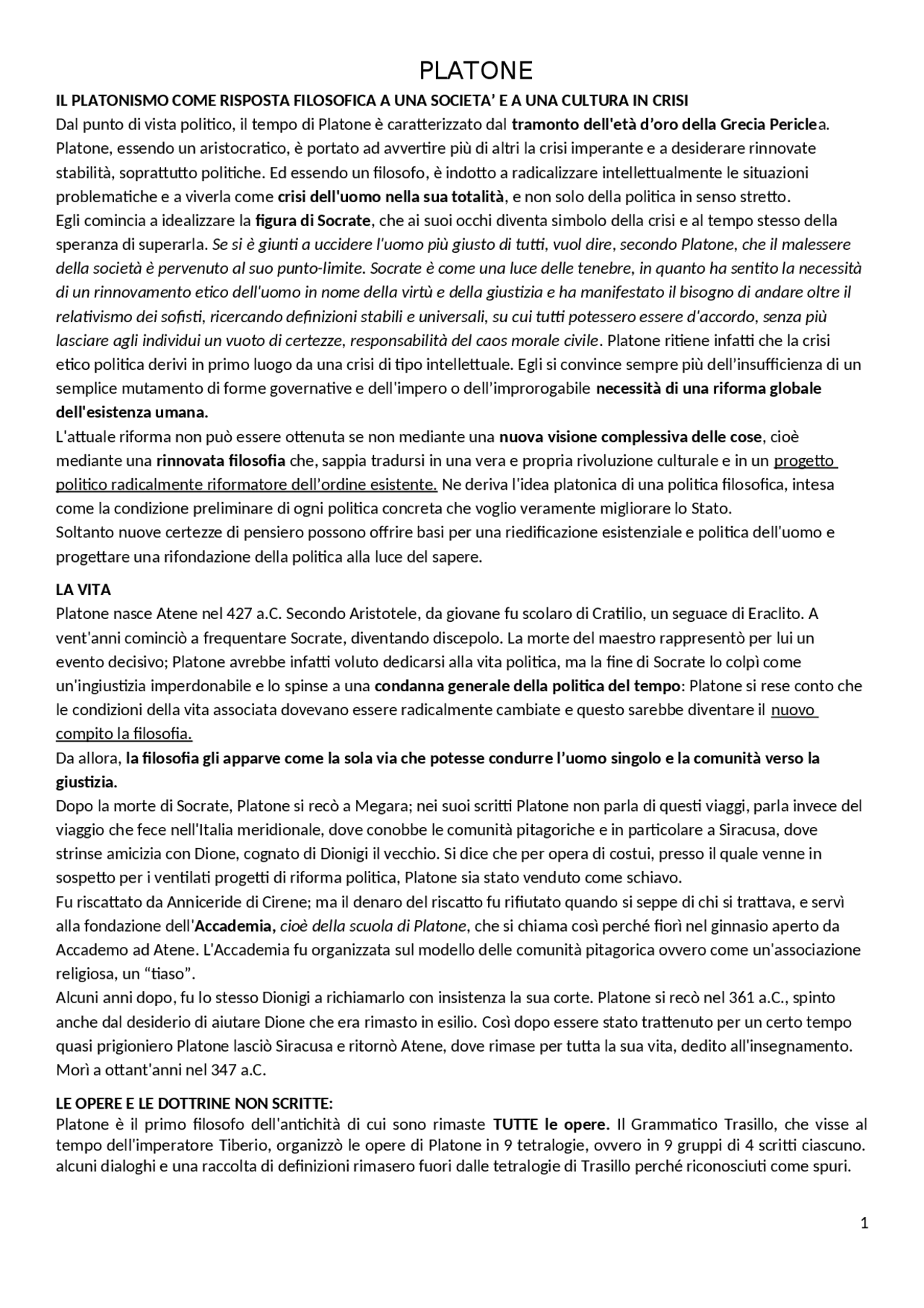 Platone e la sua filosofia (completo) - Docsity