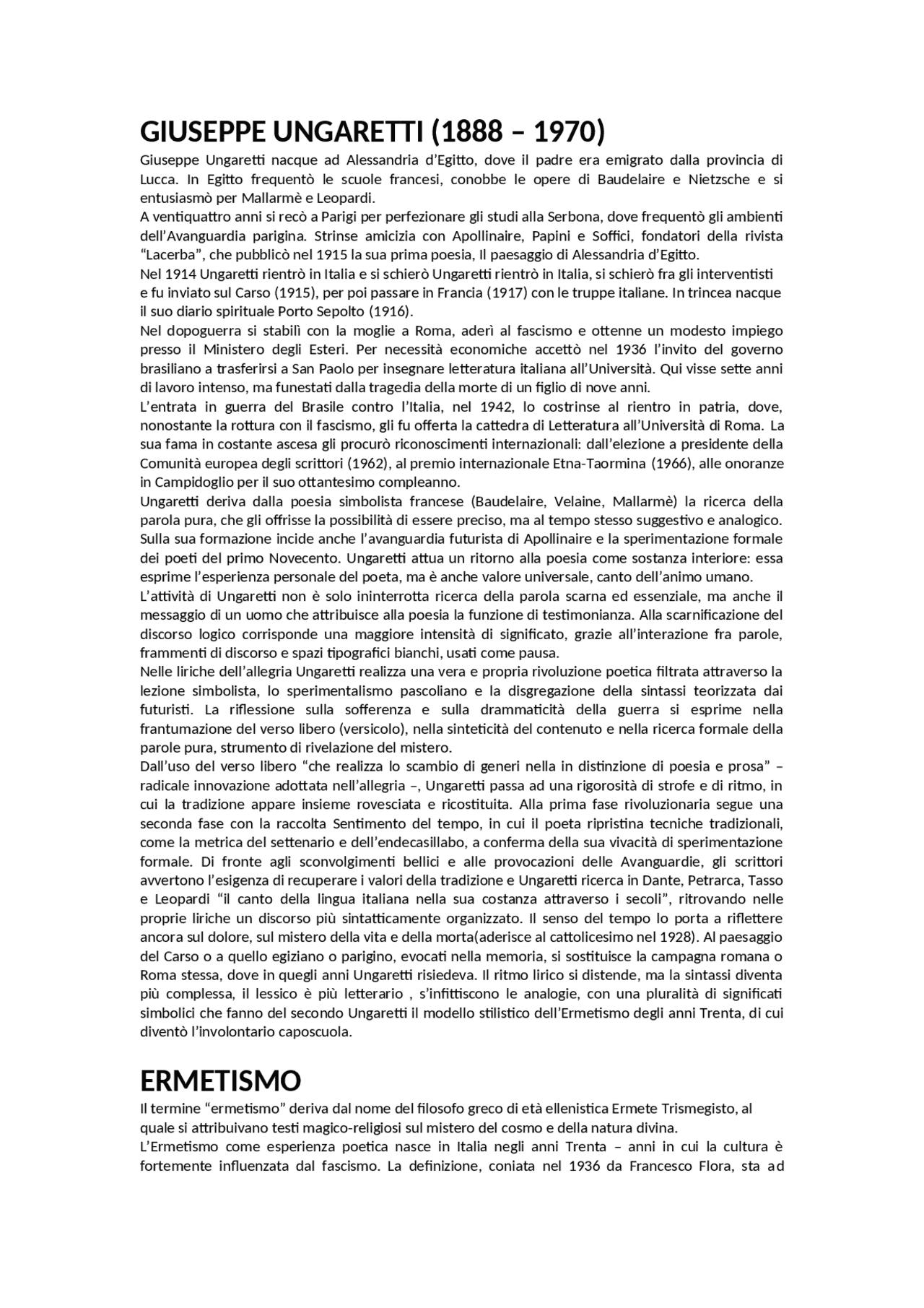 Giuseppe Ungaretti Ed Ermetismo Docsity
