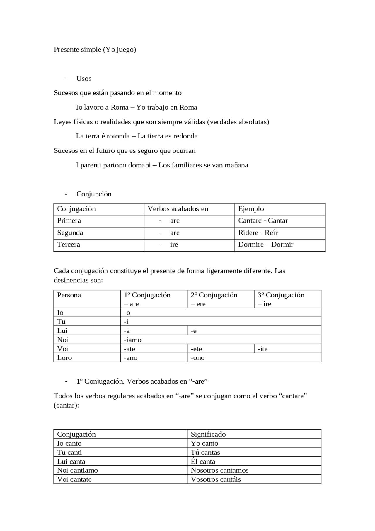 Presente simple en italiano - Docsity