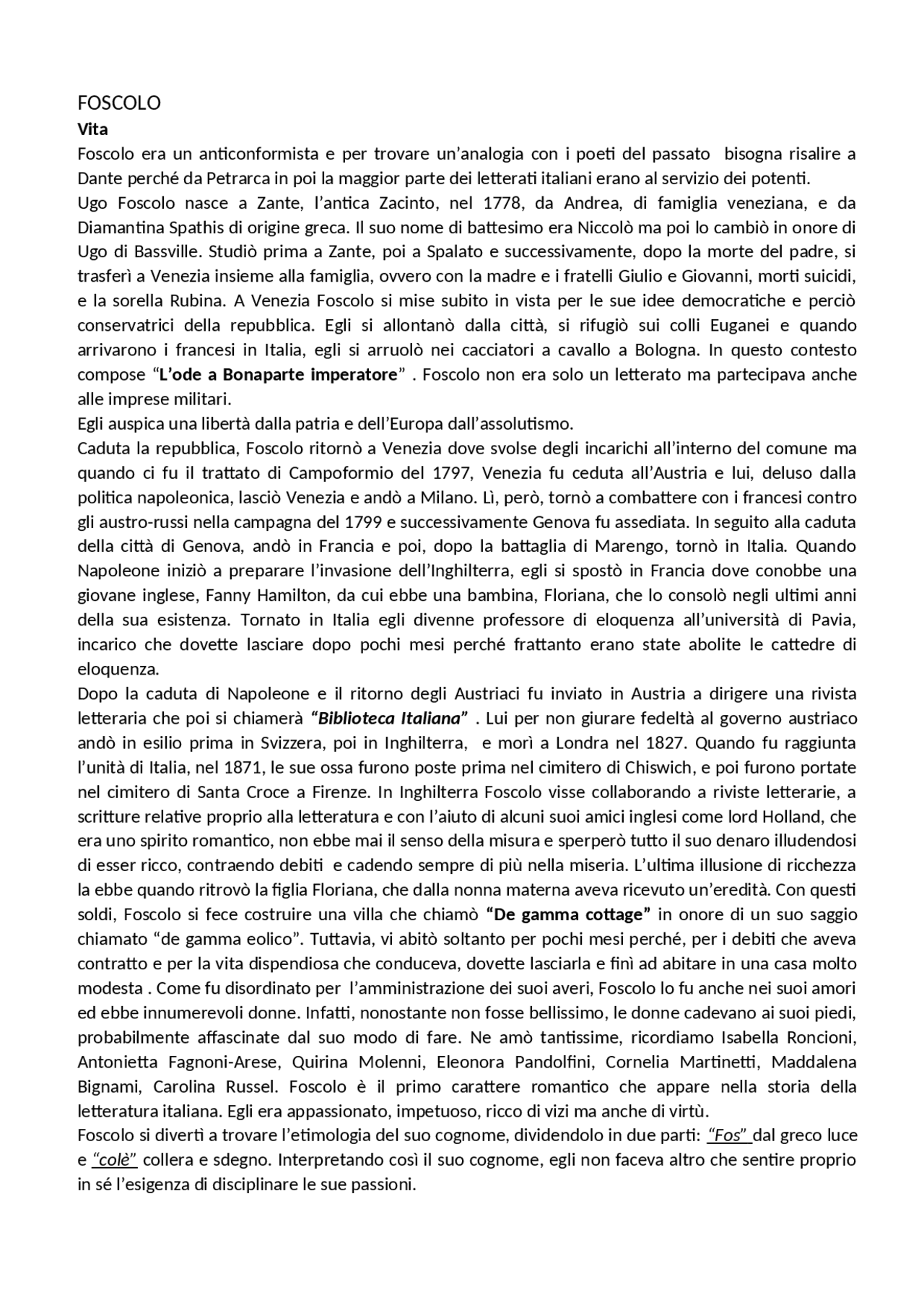 Foscolo Vita E Opere Docsity