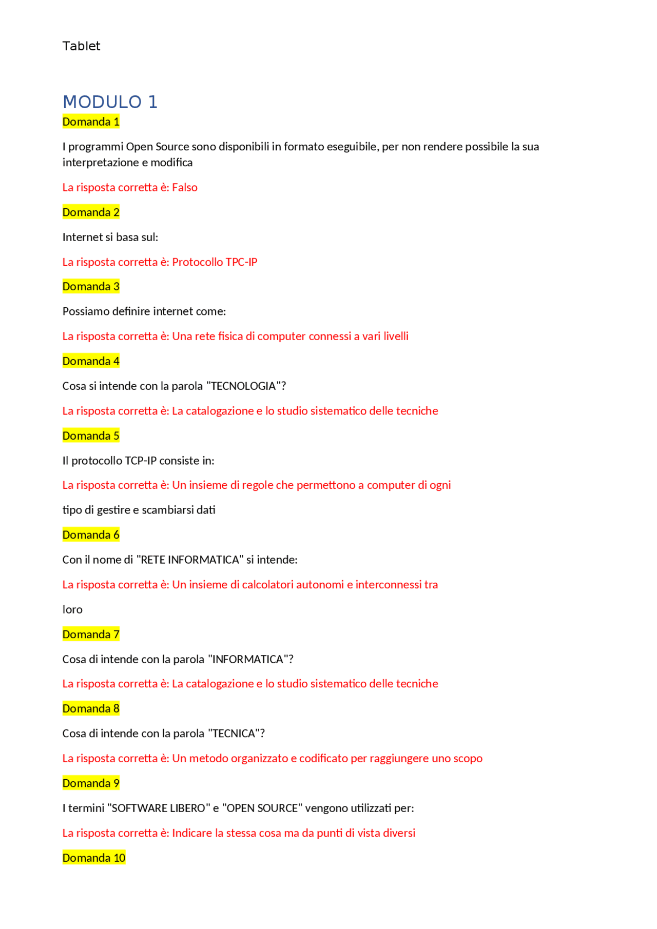 Risposte Corrette Fine Modulo Tablet Uniscientia Docsity