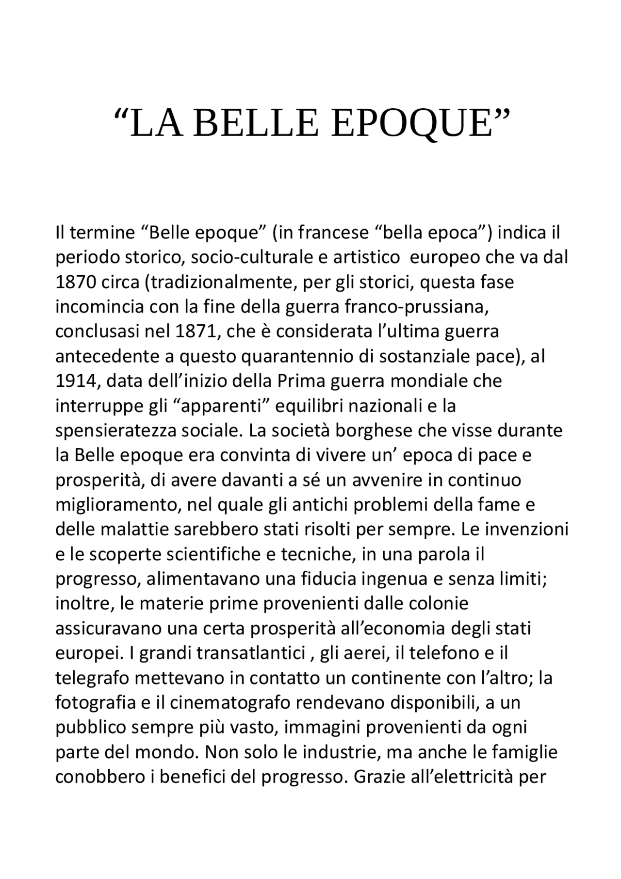 Breve riassunto storico-artistico della Belle epoque - Docsity