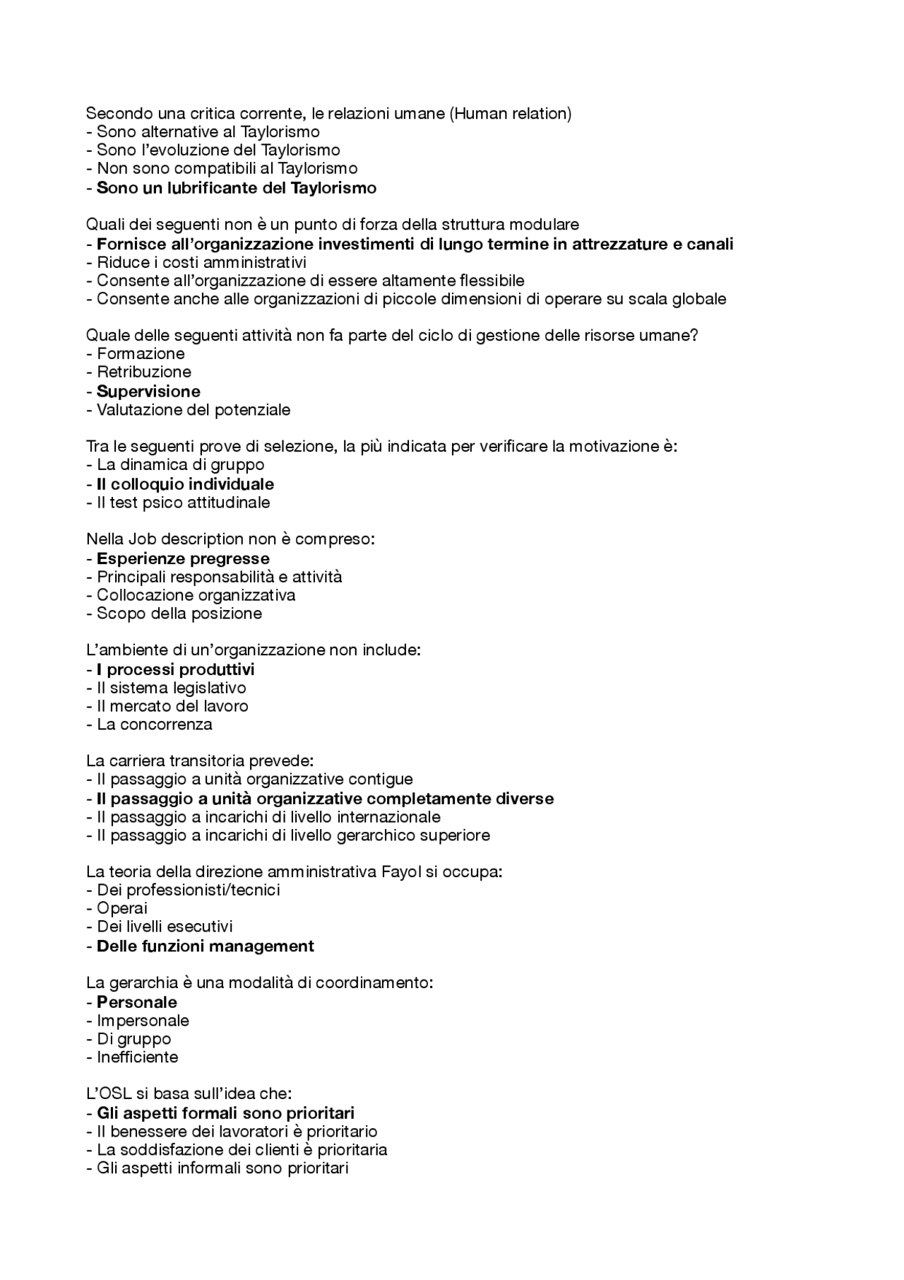 Domande Per Lesame Di Organizzazione Dimpresa E Gestione Delle
