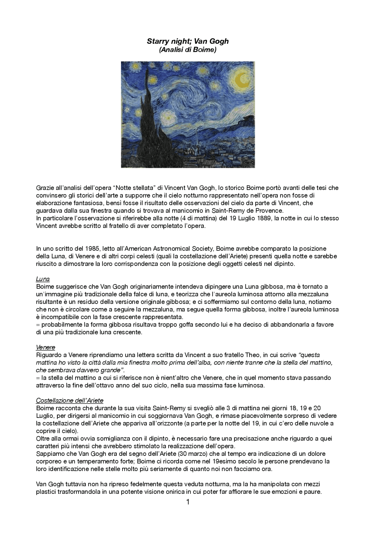 Van Gogh, Starry night (analisi di Boime) | Schemi e mappe concettuali ...