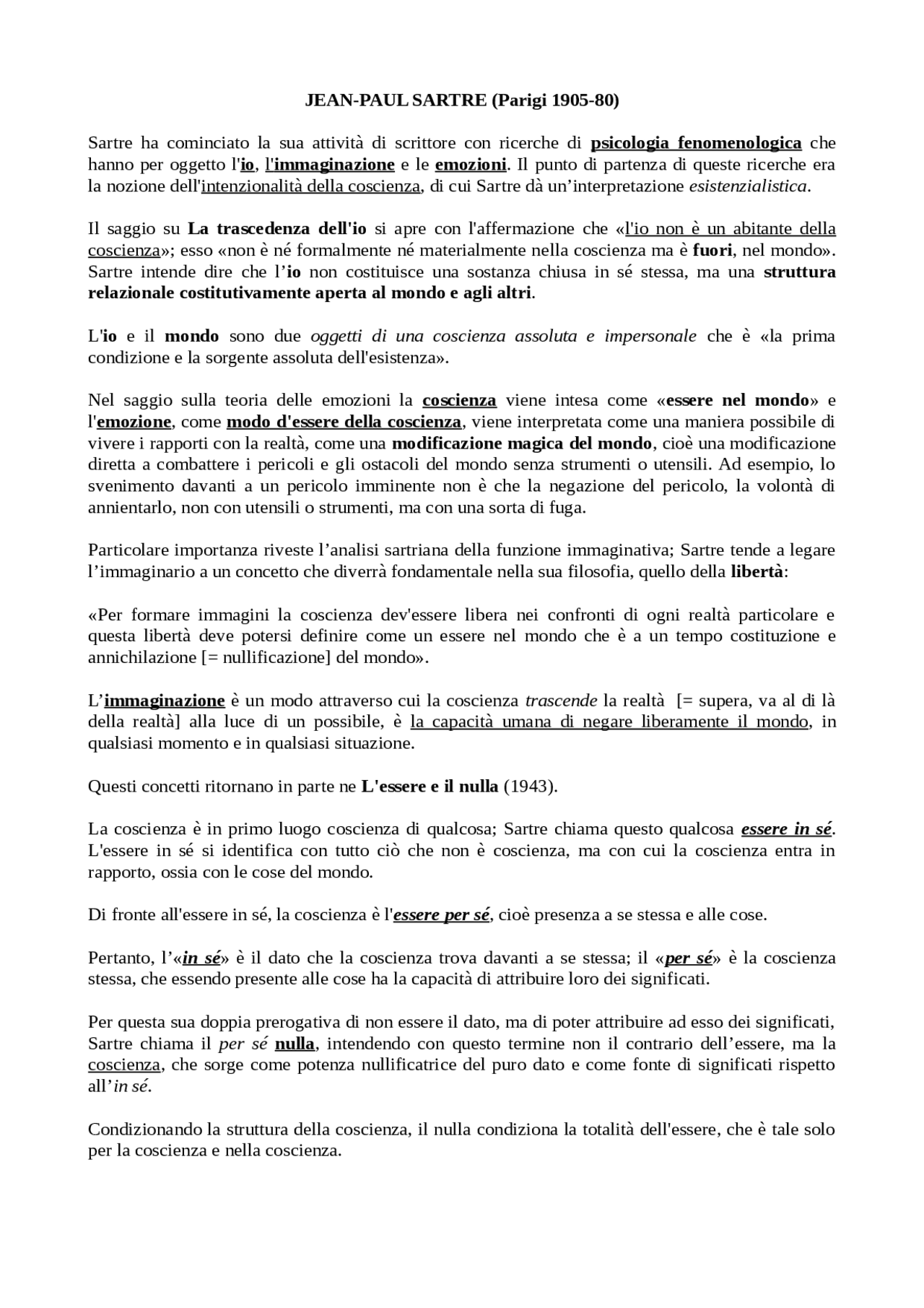 Jean Paul Sartre Concetti Chiave Docsity