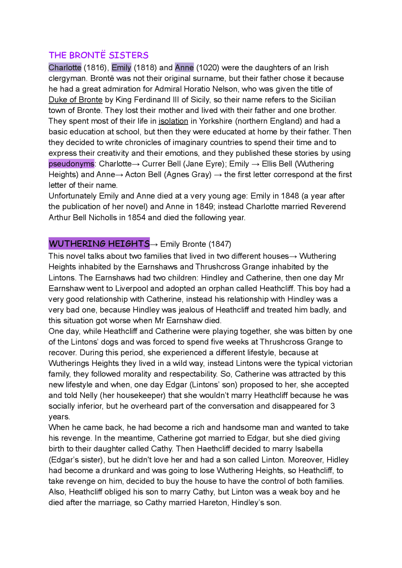 THE BRONTË SISTERS, WUTHERING HEIGHTS - Docsity