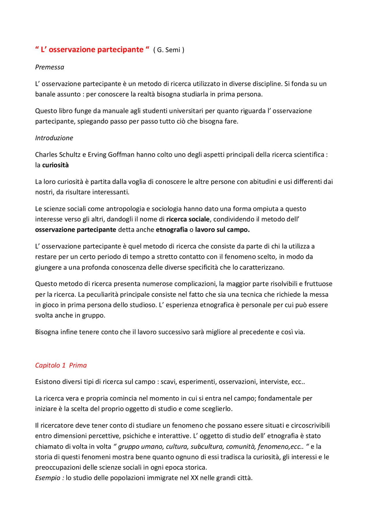 Riassunto De Losservazione Partecipante Docsity