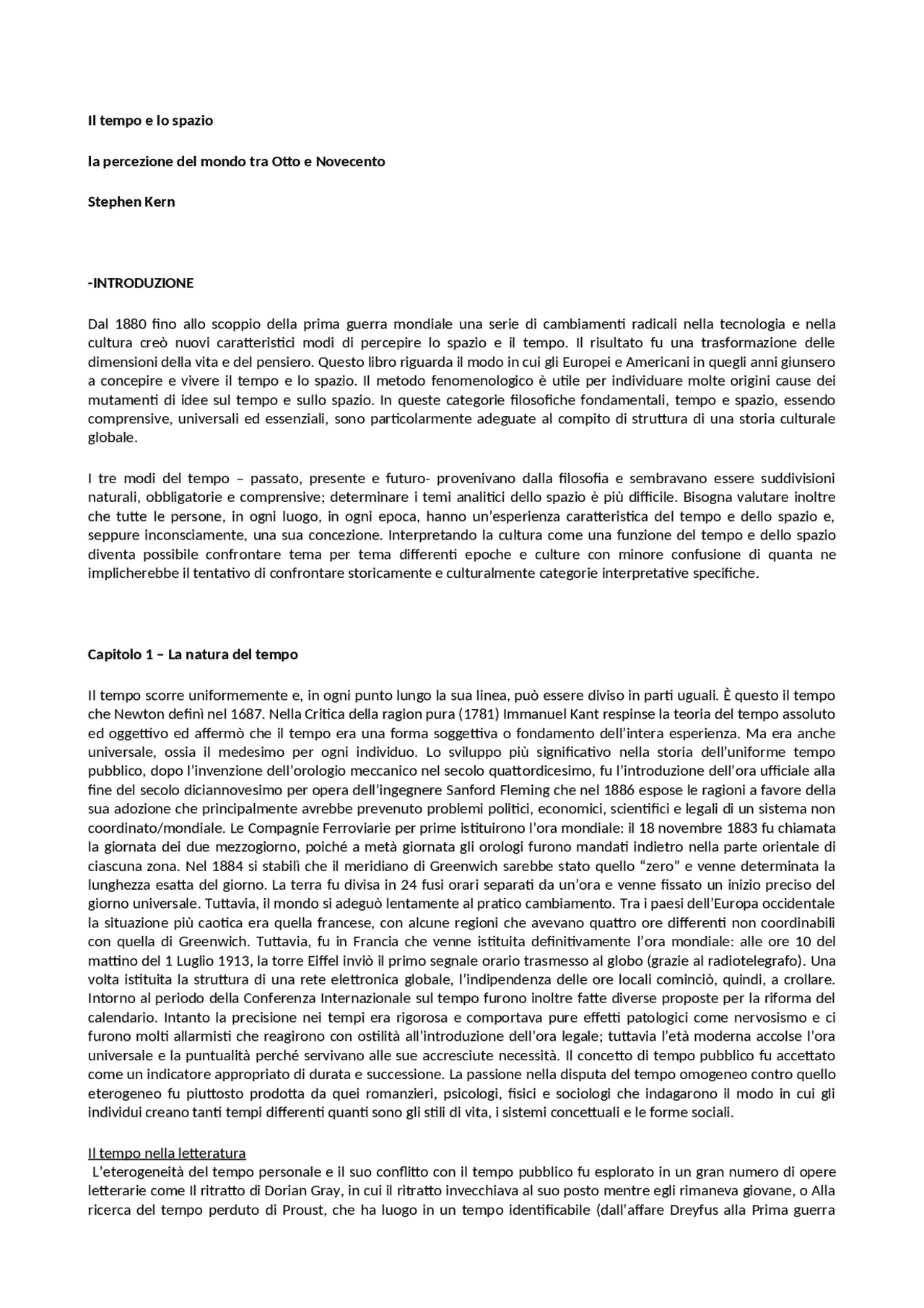 Il tempo e lo spazio - STEPHEN KERN (1 - 5 cap) - Docsity