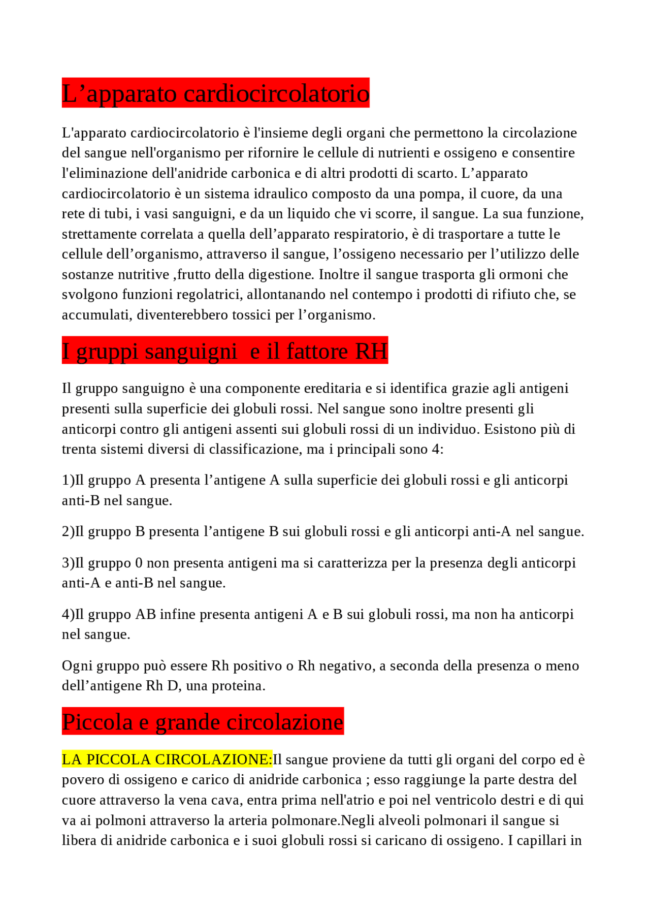 Lapparato Cardiocircolatorio Docsity