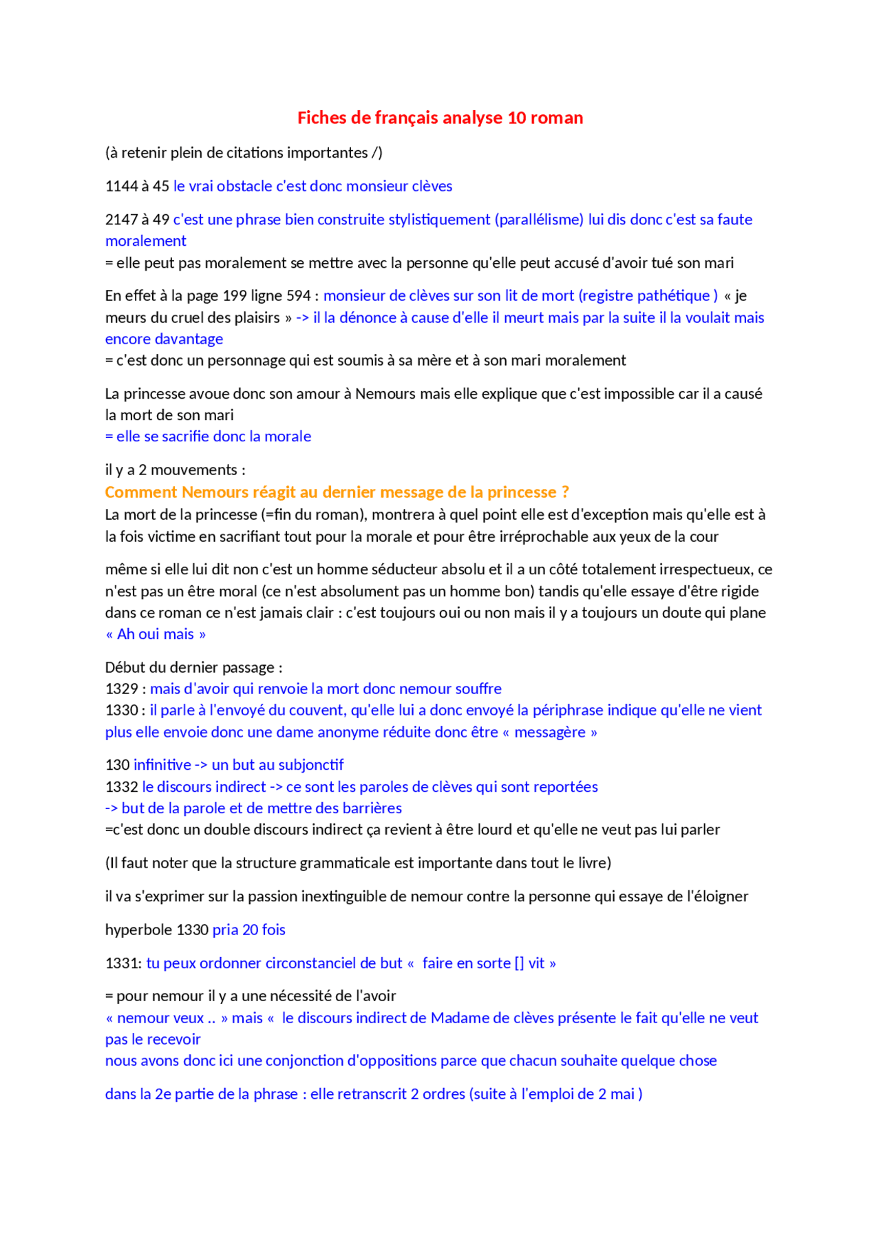 Analyse Linéaire Princesse De Clèves Docsity