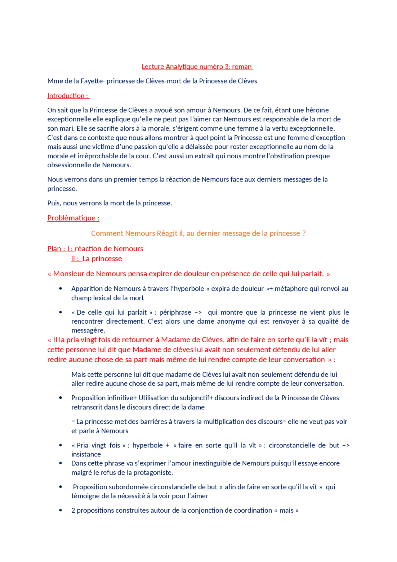 Analyse Linéaire La Princesse De Clèves Résumés Français Docsity