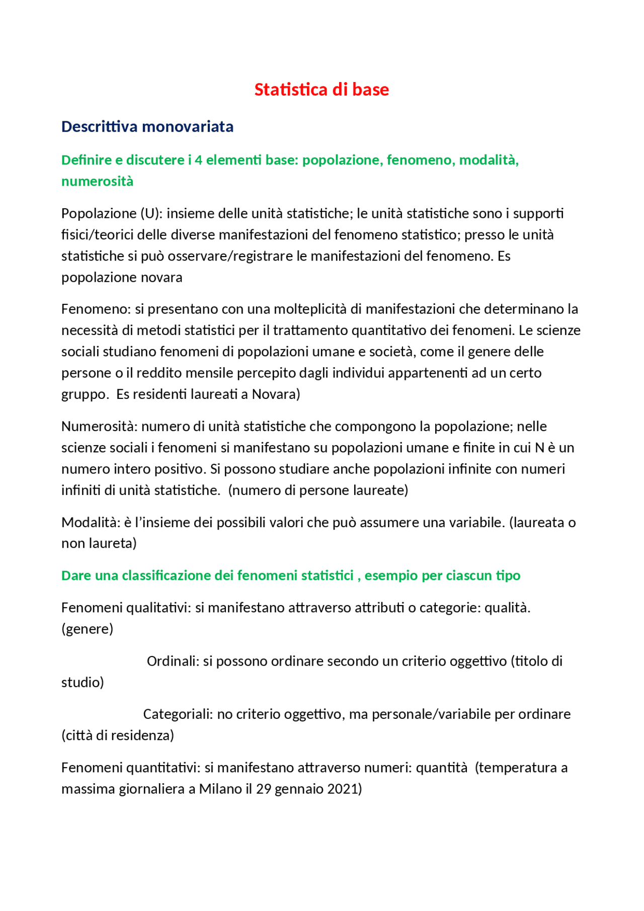 Statistica Di Base Riassunto Docsity
