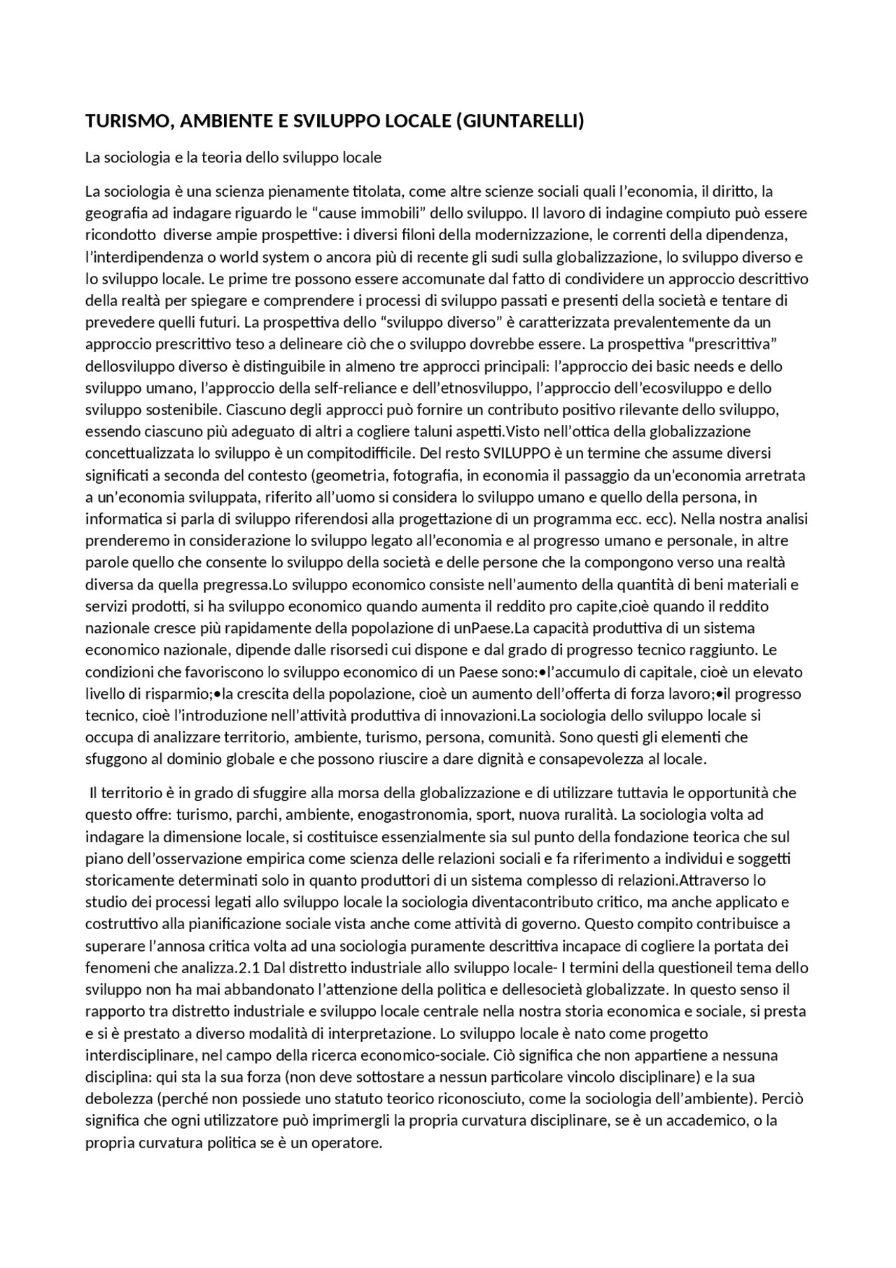 Riassunto Libro Turismo Ambiente E Sviluppo Locale Docsity