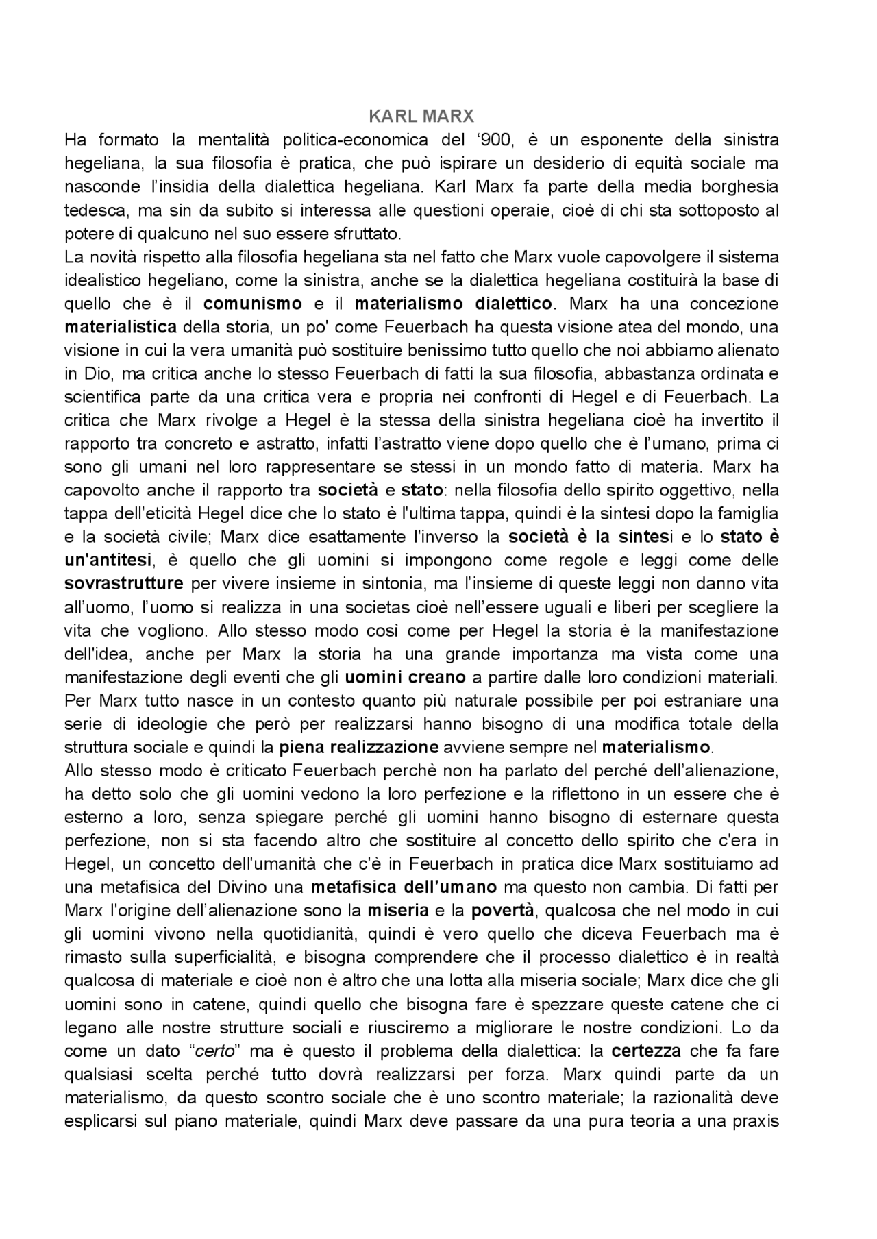 Karl Marx Riassunto Docsity