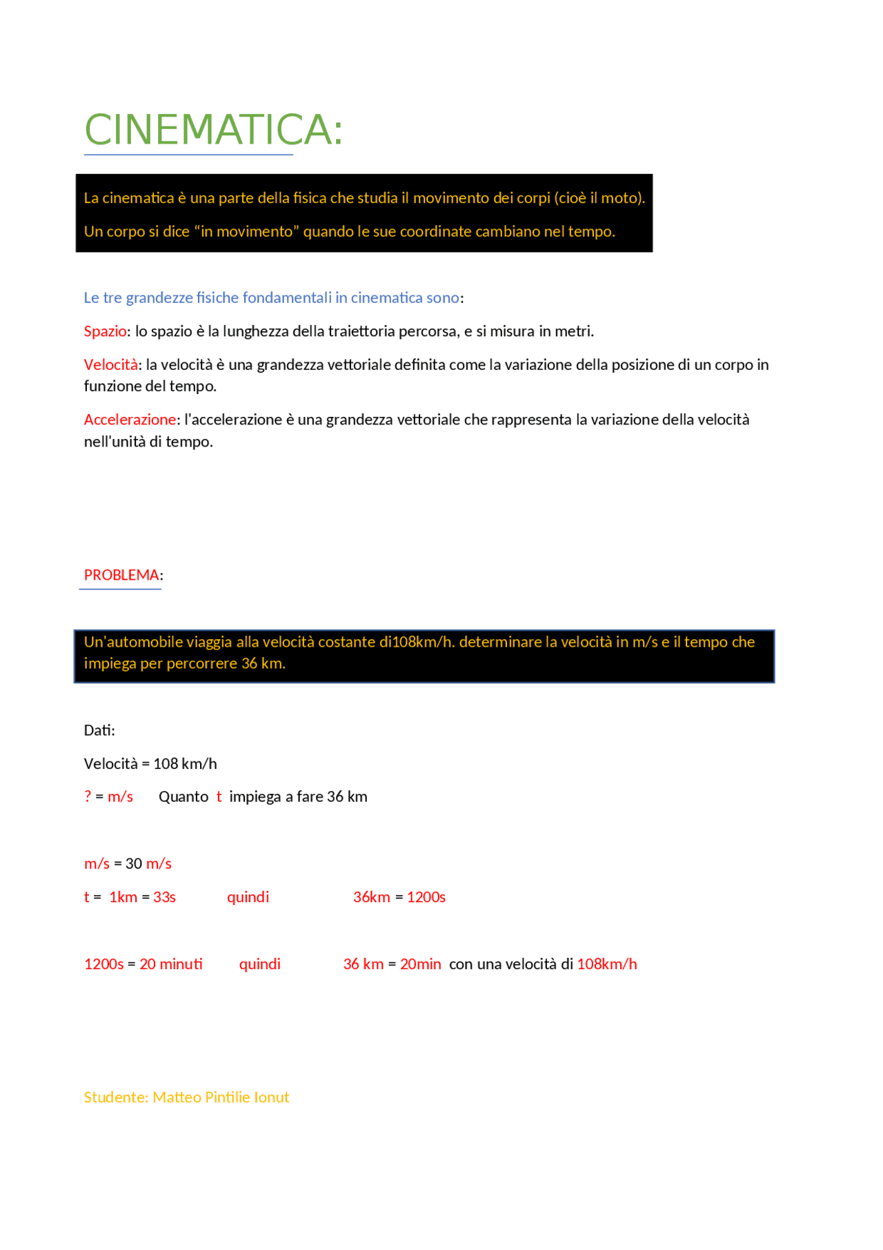 Spiegazione Cinematica Docsity