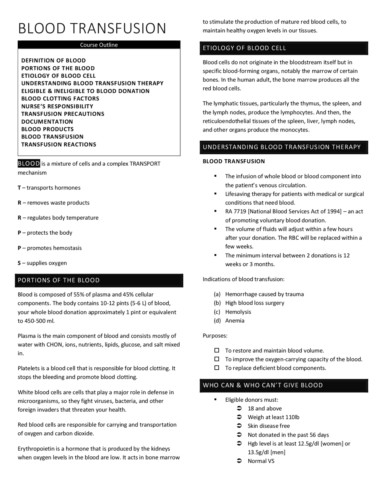 Blood Transfusion Notes | Study notes Physiology | Docsity