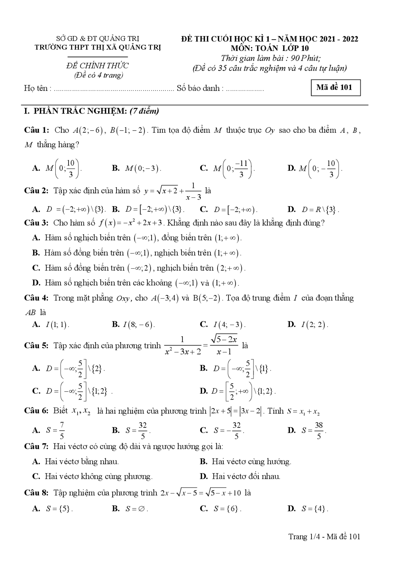 Exam Paper 101 in Mathematics for Grade 10 | Exams Mathematics | Docsity